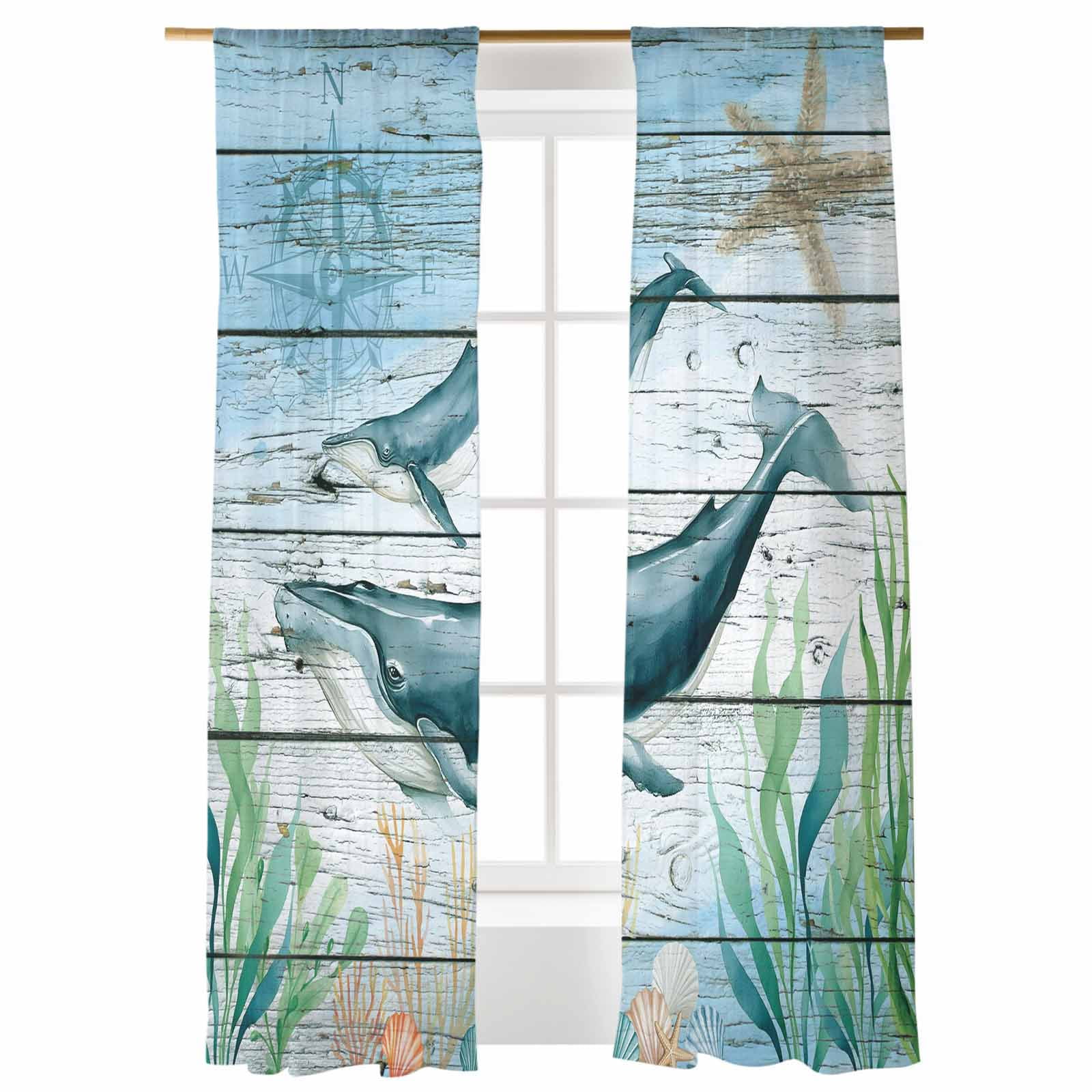 Sheer Curtains 108 inches Long, Ocean Theme Whale Sea Grass Shells ...