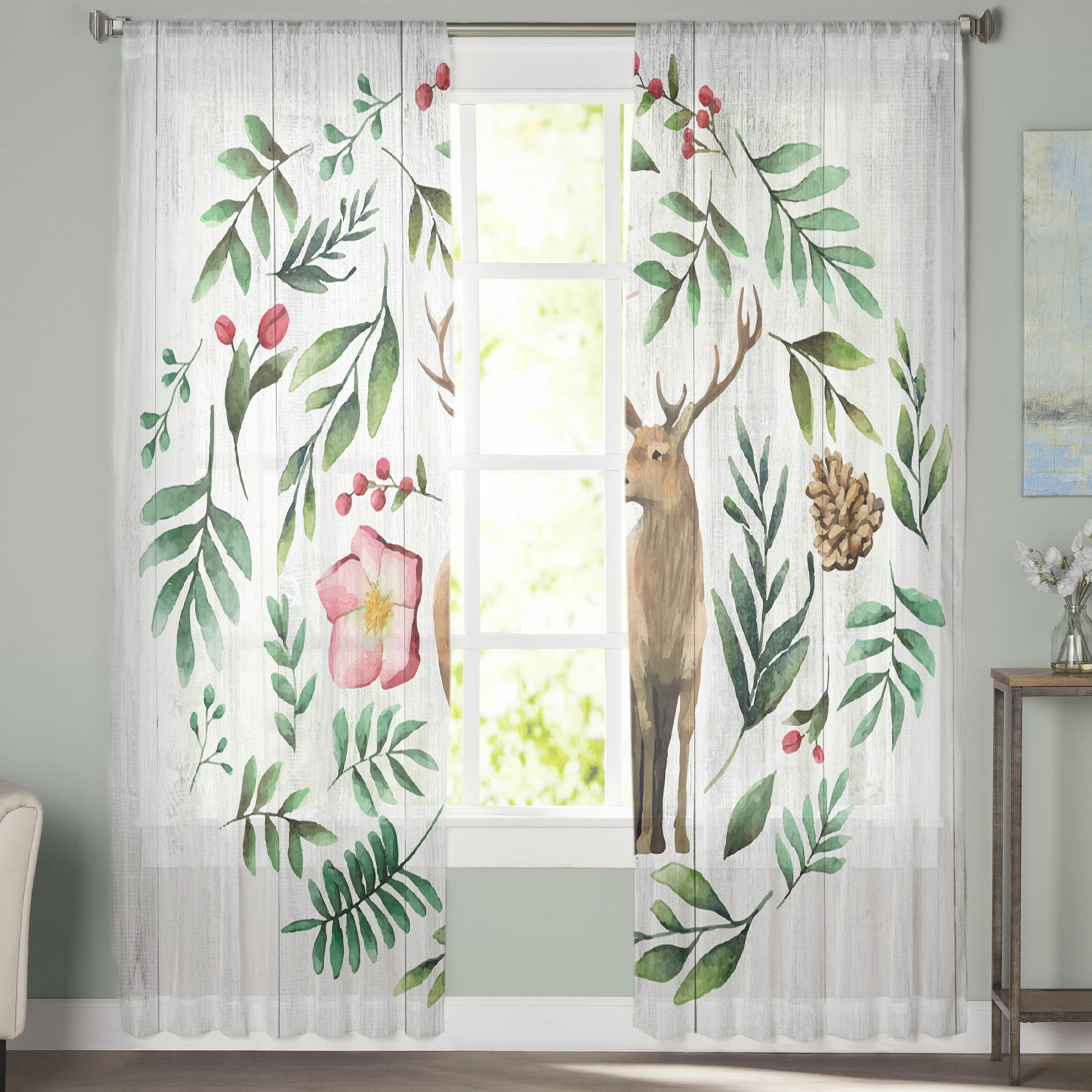 Sheer Curtains 108 inches Long, Pinecone Flower Leaf Wreath Wood Grain ...