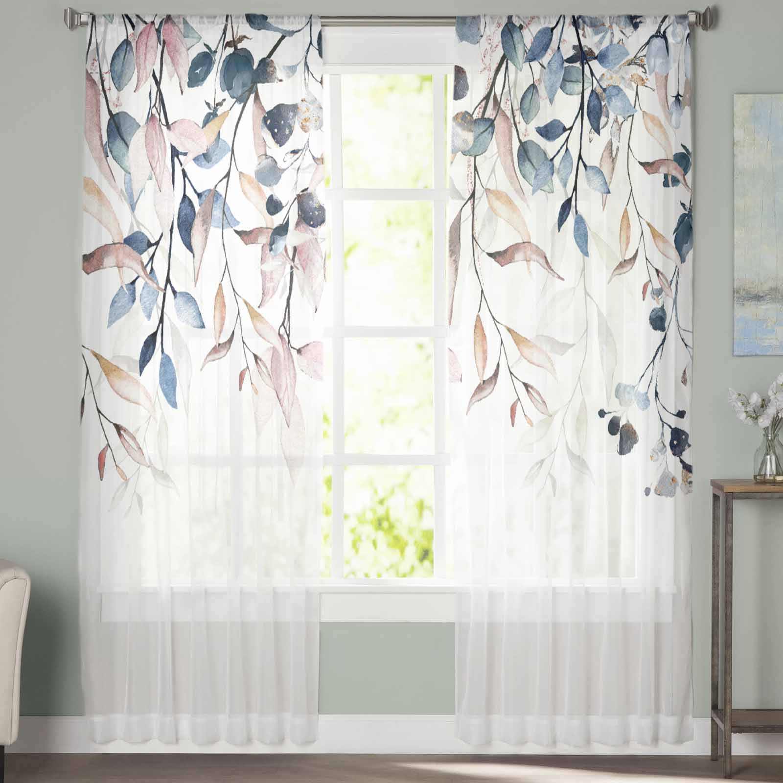 Sheer Curtains 108 inches Long, Plants Colorful Leaves White Background ...