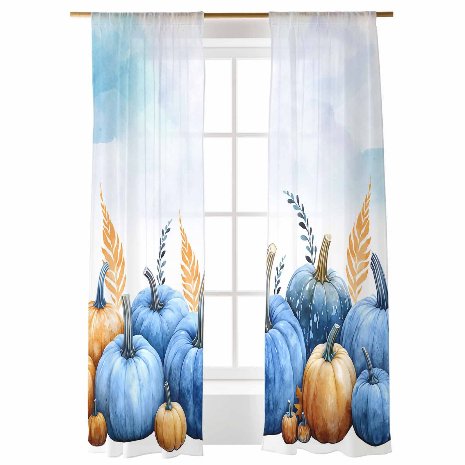 Sheer Curtains 108 inches Long, Pumpkin Leaf Orange Blue Pumpkins ...