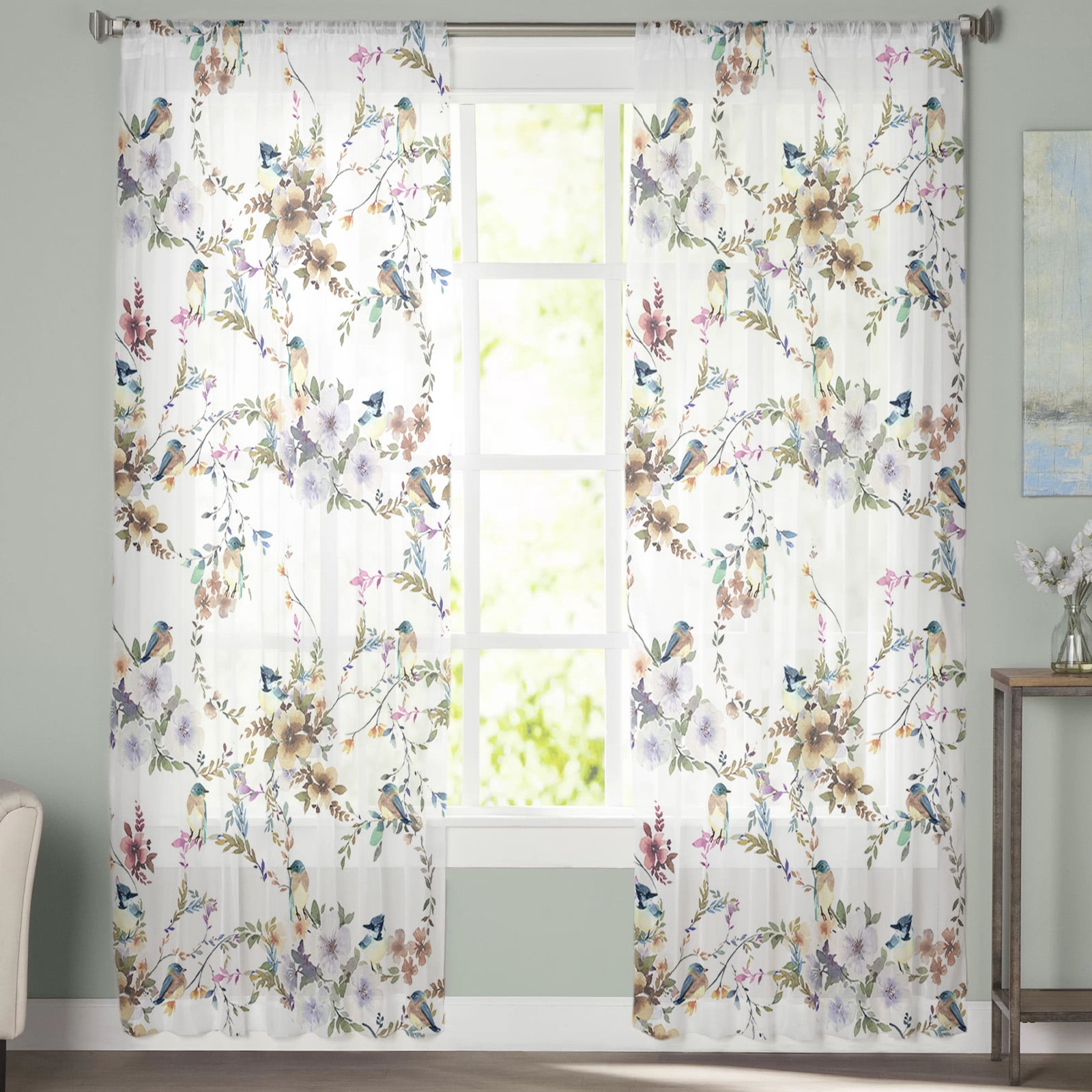 Sheer Curtains 108 inches Long, Robins Flowers Branch Summer Floral ...