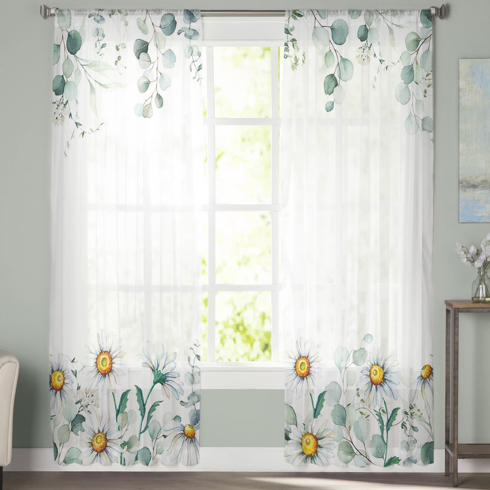 Sheer Curtains 108 inches Long, Spring Summer Plants Eucalyotus White ...