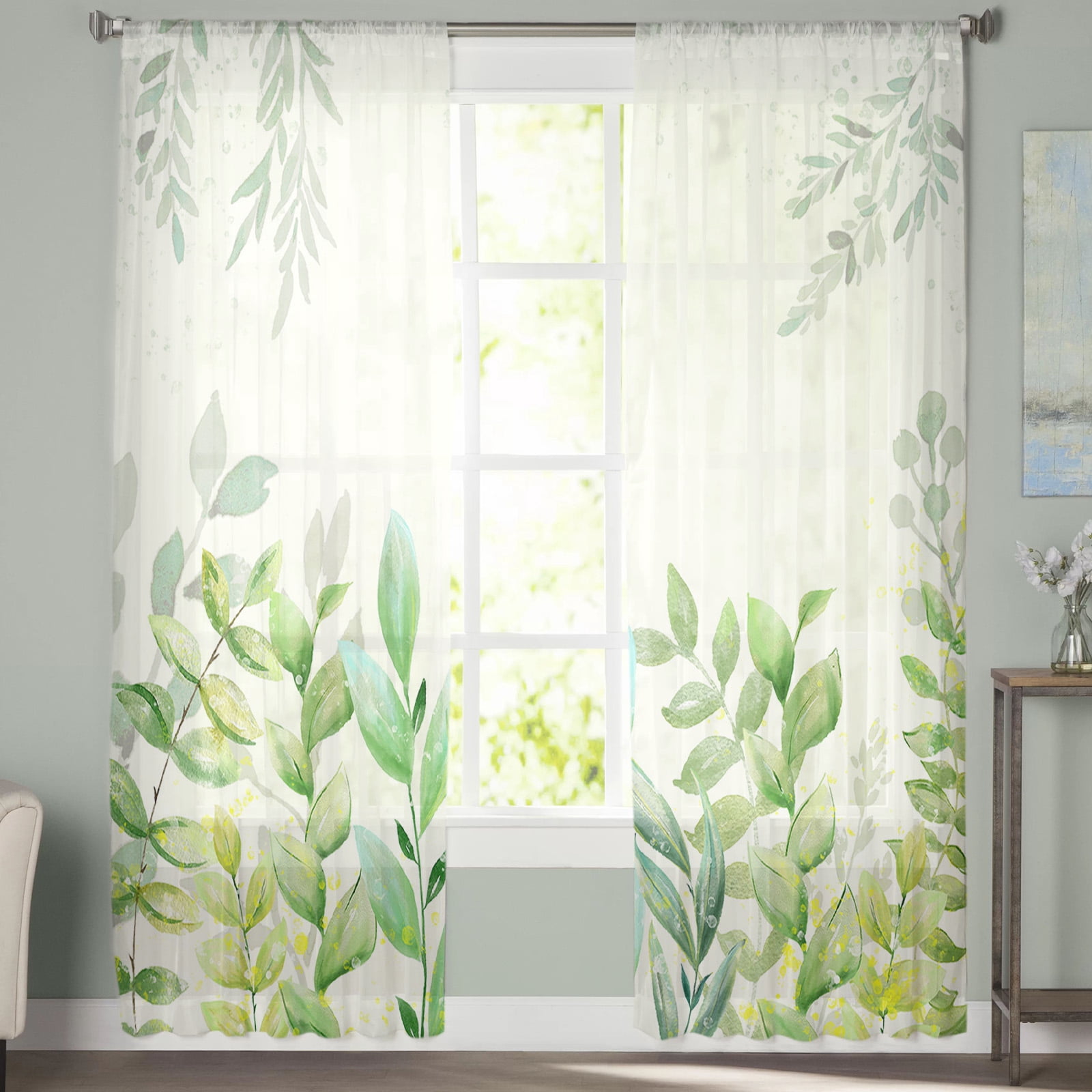 Sheer Curtains 108 inches Long, Summer Leaves Green Plant Tropical Leaf ...