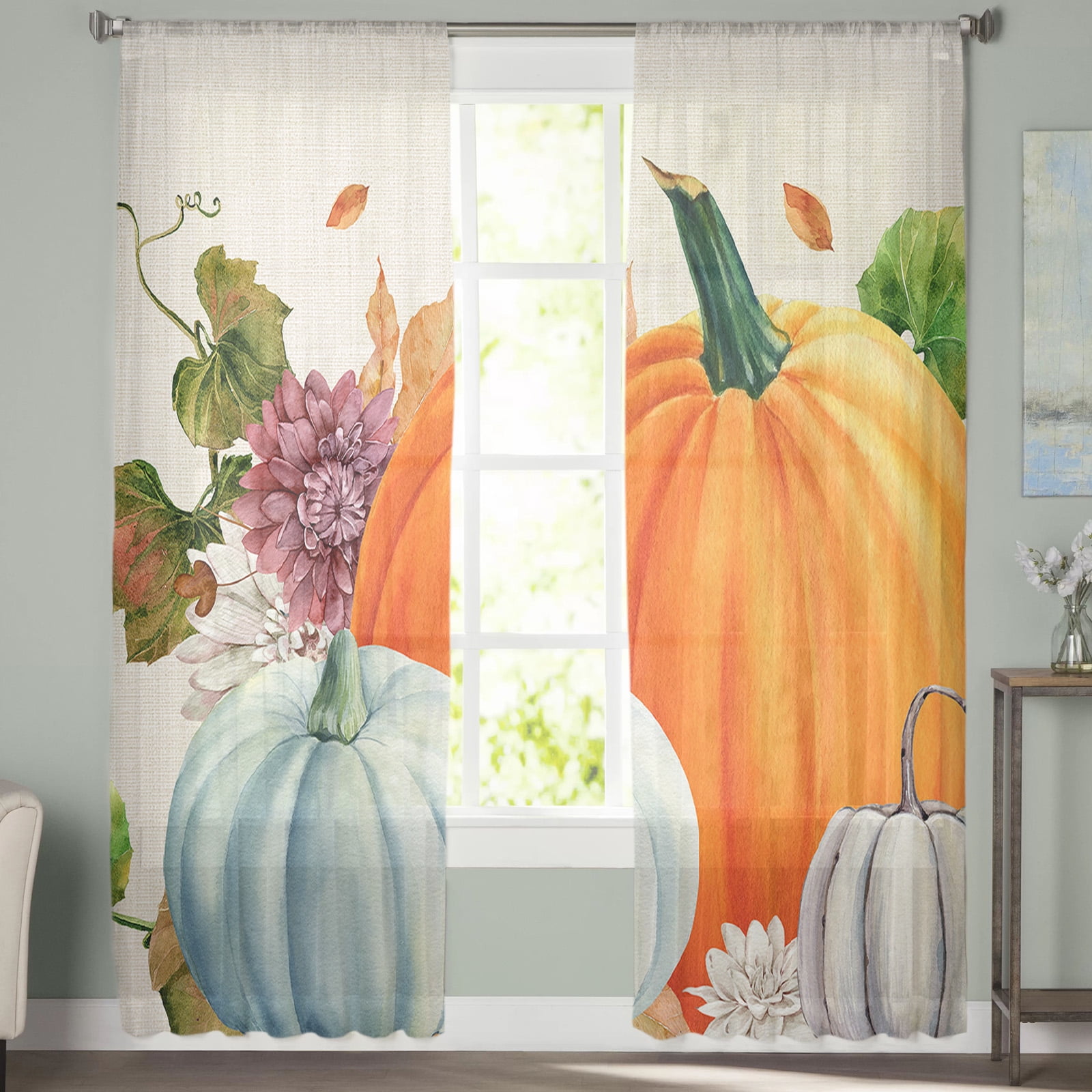 Sheer Curtains 108 inches Long, Thanksgiving Fall Pumpkin Flowers Linen ...