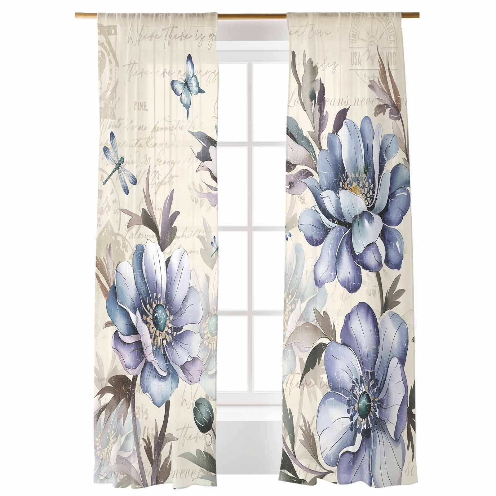 Sheer Curtains 108 inches Long, Vintage Blue Flower Farmhouse Botanical ...