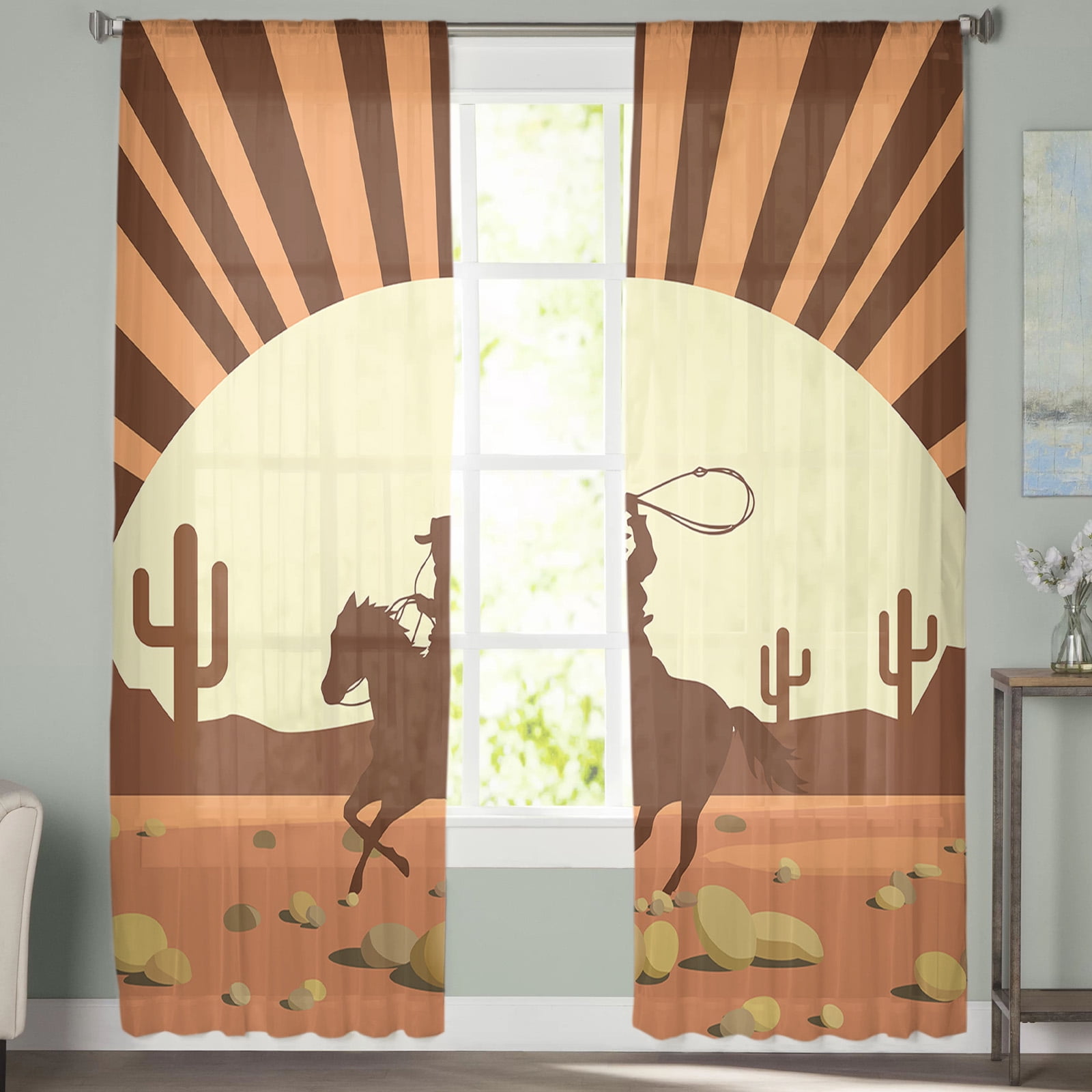 Sheer Curtains 108 inches Long, Western Cowboy Cowboy on Horseback with ...