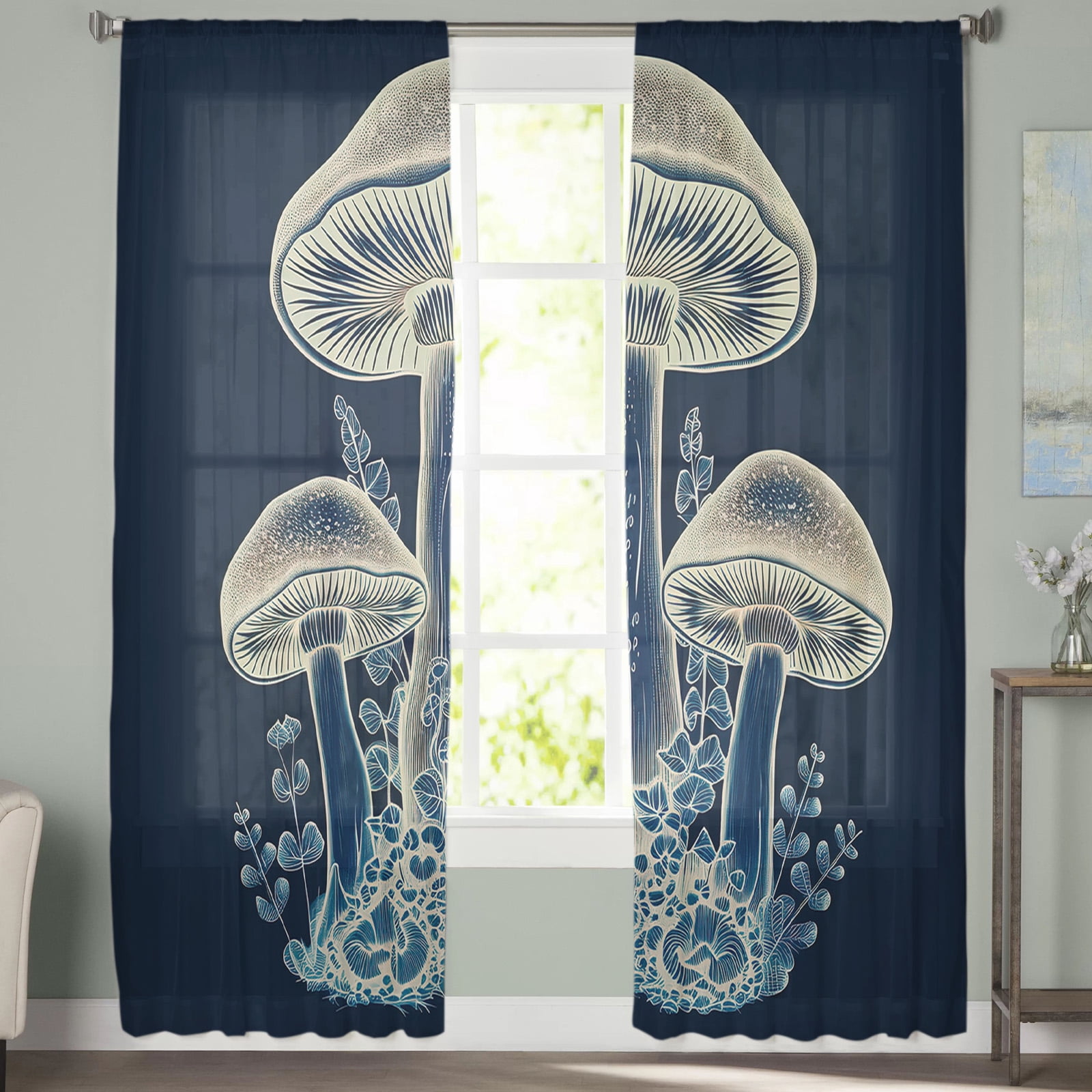 Sheer Curtains 108 inches Long, Wild Plants Mushroom Leaves Navy Blue ...