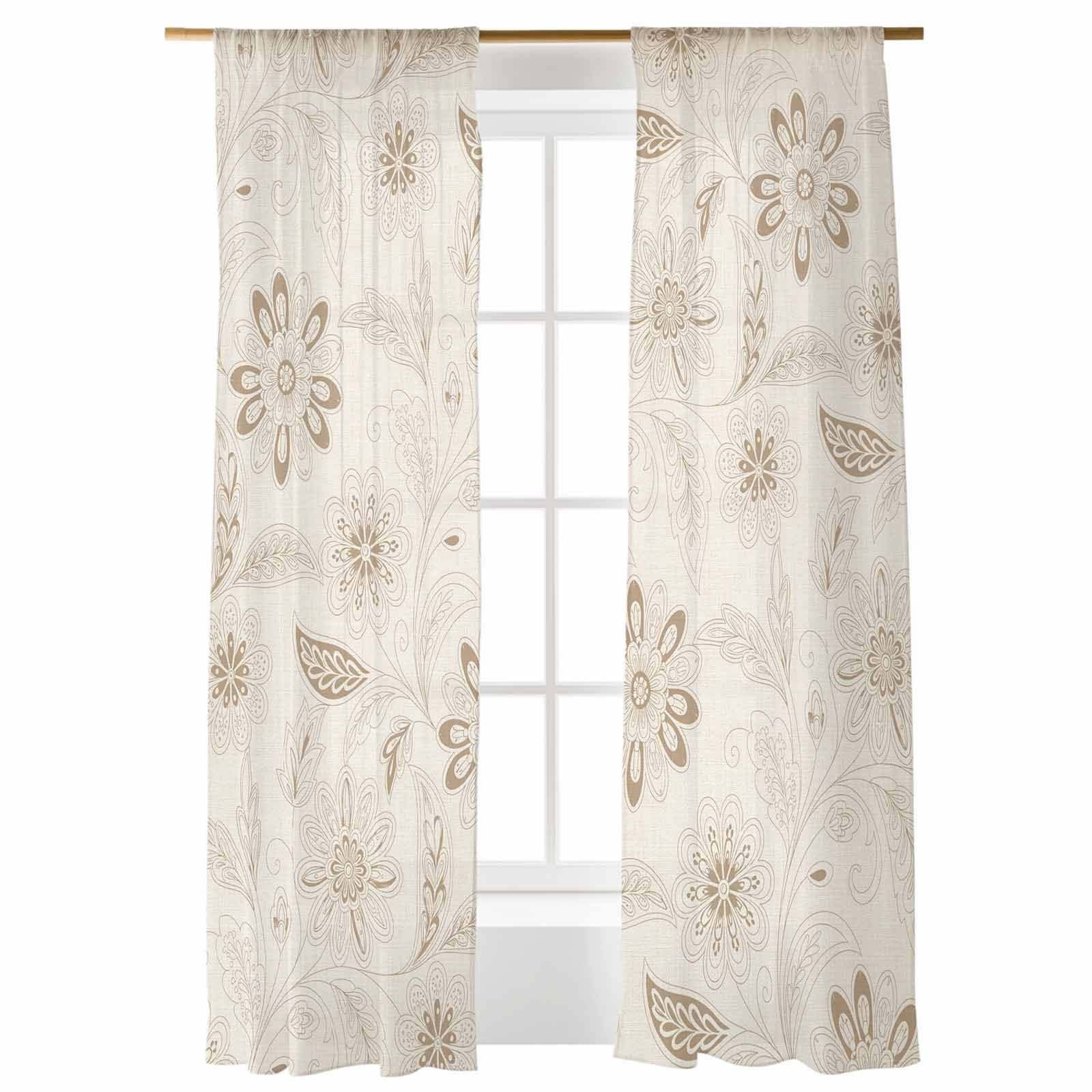 Sheer Curtains 2 Panels Set, Abstract Ethnic Flower Vintage Brown ...