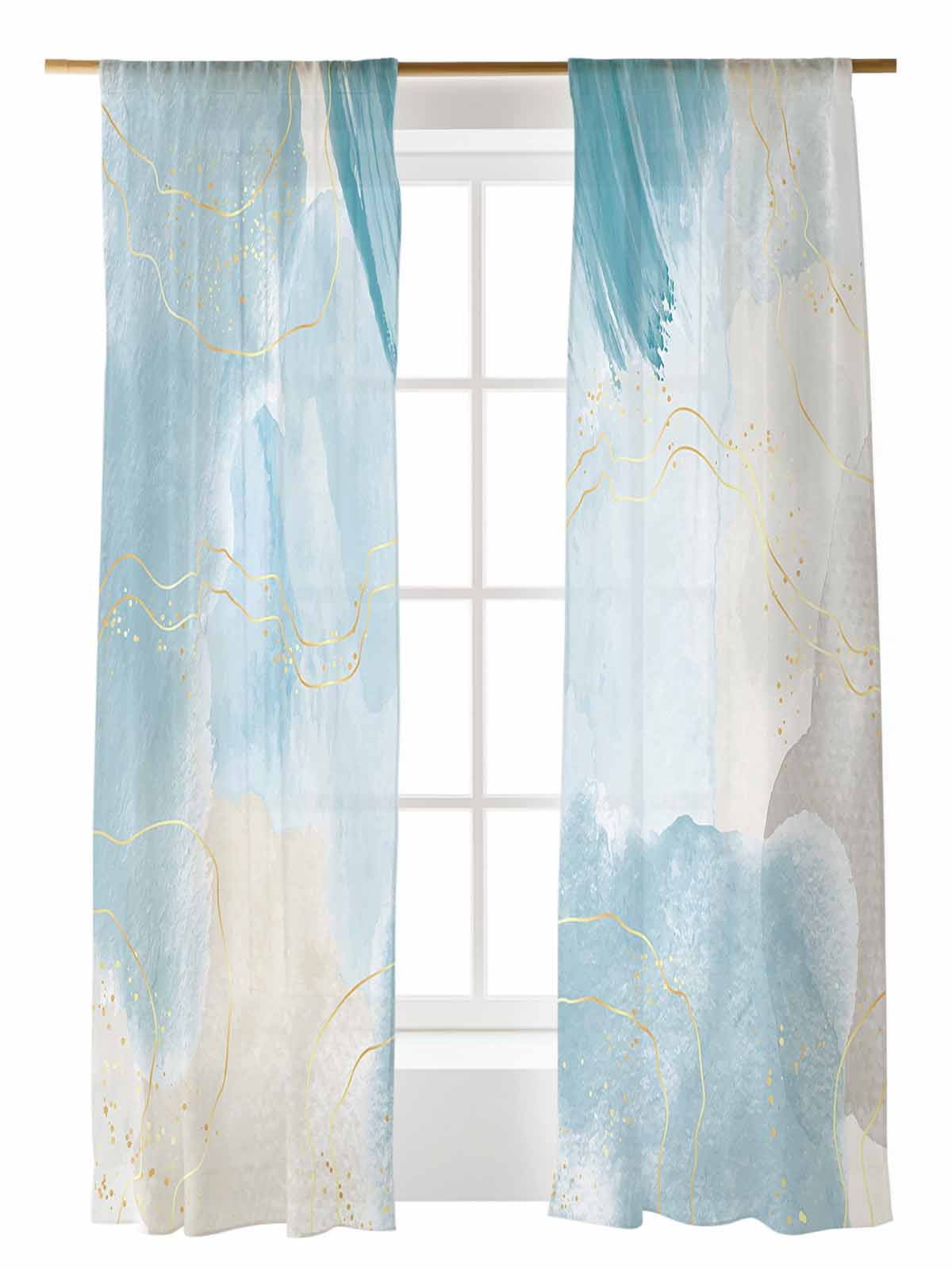 Sheer Curtains 2 Panels Set, Abstract Ombre Blue Marble Texture with ...