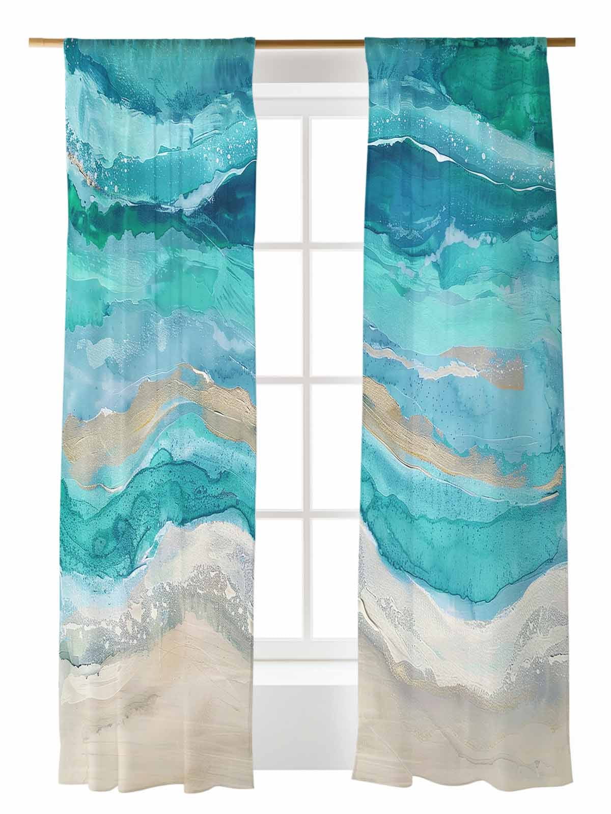 Sheer Curtains 2 Panels Set, Abstract Turquoise Gradient Beach Ocean ...
