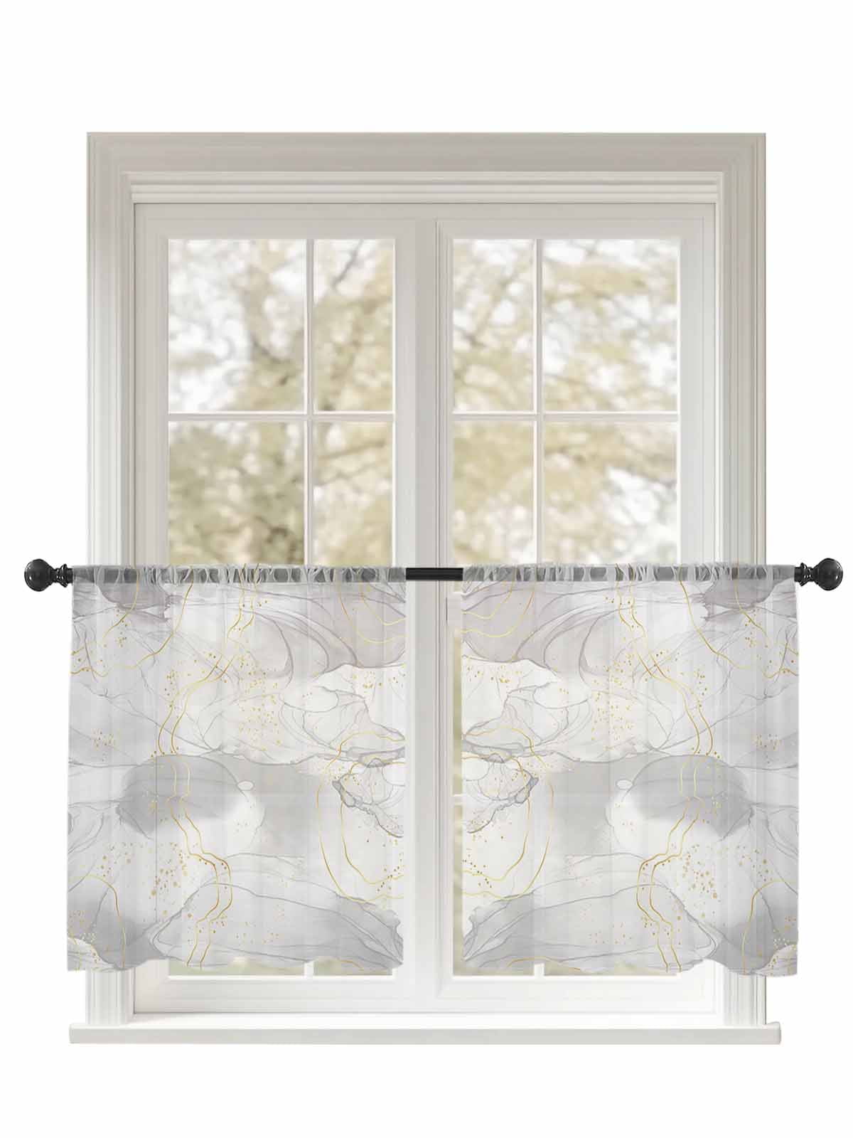Sheer Curtains 2 Panels Set, Abstract White and Gray Marble with Golden ...