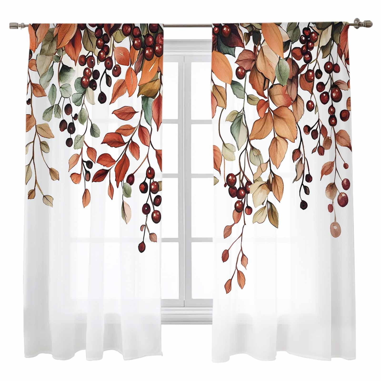 Sheer Curtains 2 Panels Set, Autumn Leaves Eucalyptus Leaf Fruit Pulp ...