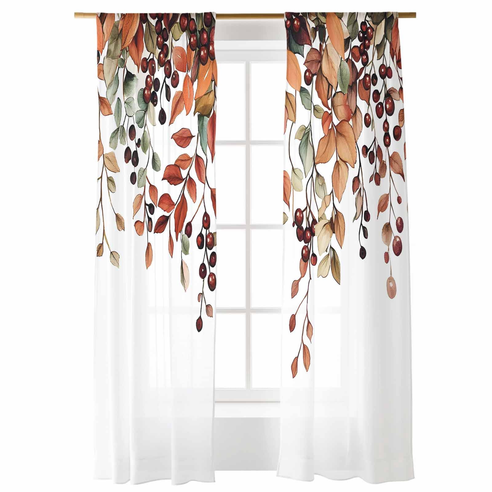 Sheer Curtains 2 Panels Set, Autumn Leaves Eucalyptus Leaf Fruit Pulp ...