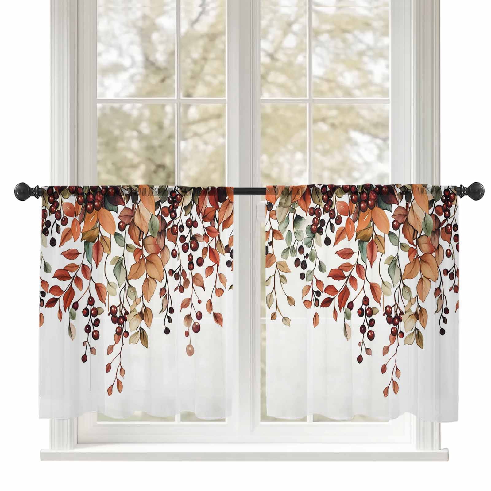 Sheer Curtains 2 Panels Set, Autumn Leaves Eucalyptus Leaf Fruit Pulp ...