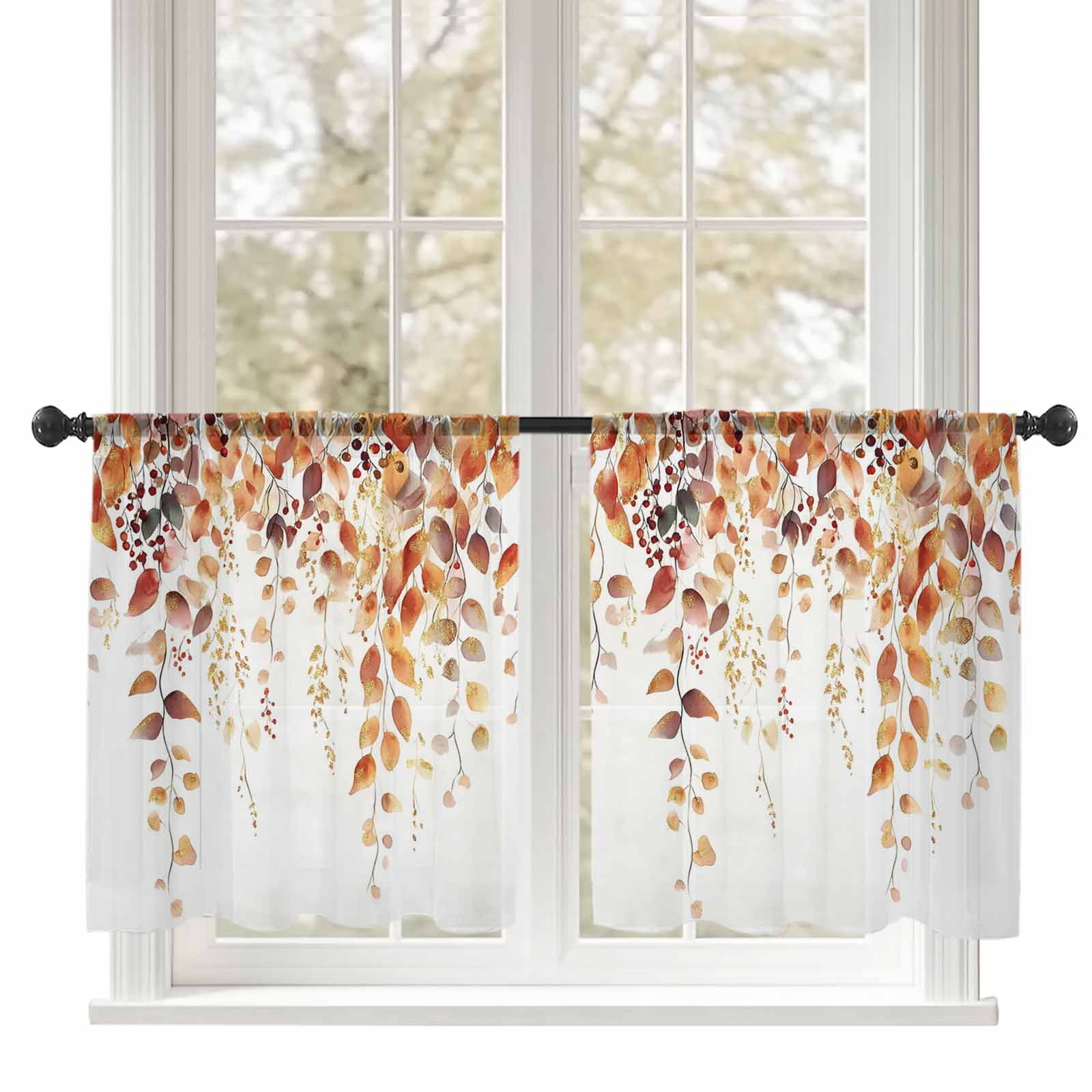 Sheer Curtains 2 Panels Set, Autumn Leaves Watercolor Fruit Pulp ...