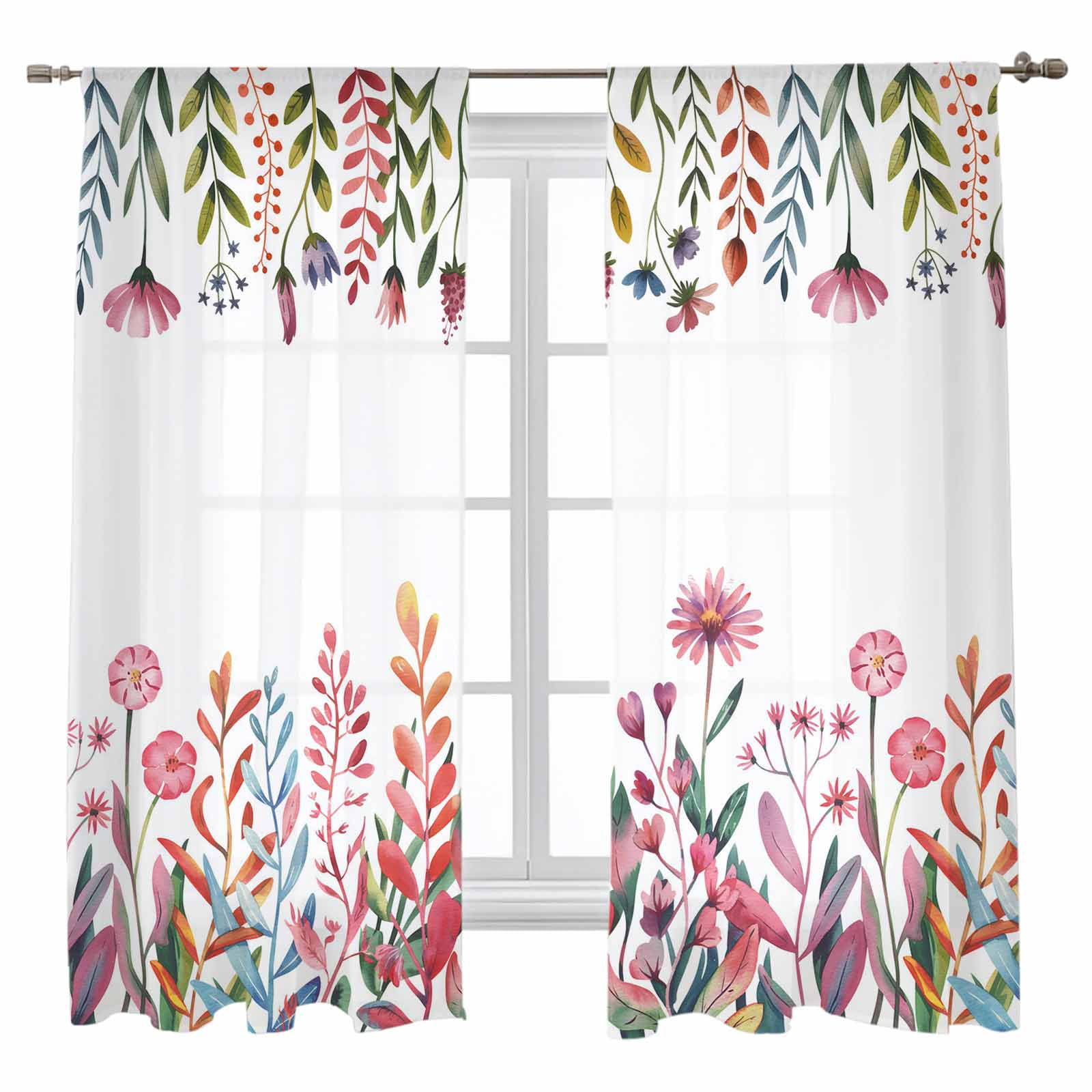 Sheer Curtains 2 Panels Set, Pastoral Flower Pink Flower Watercolor ...