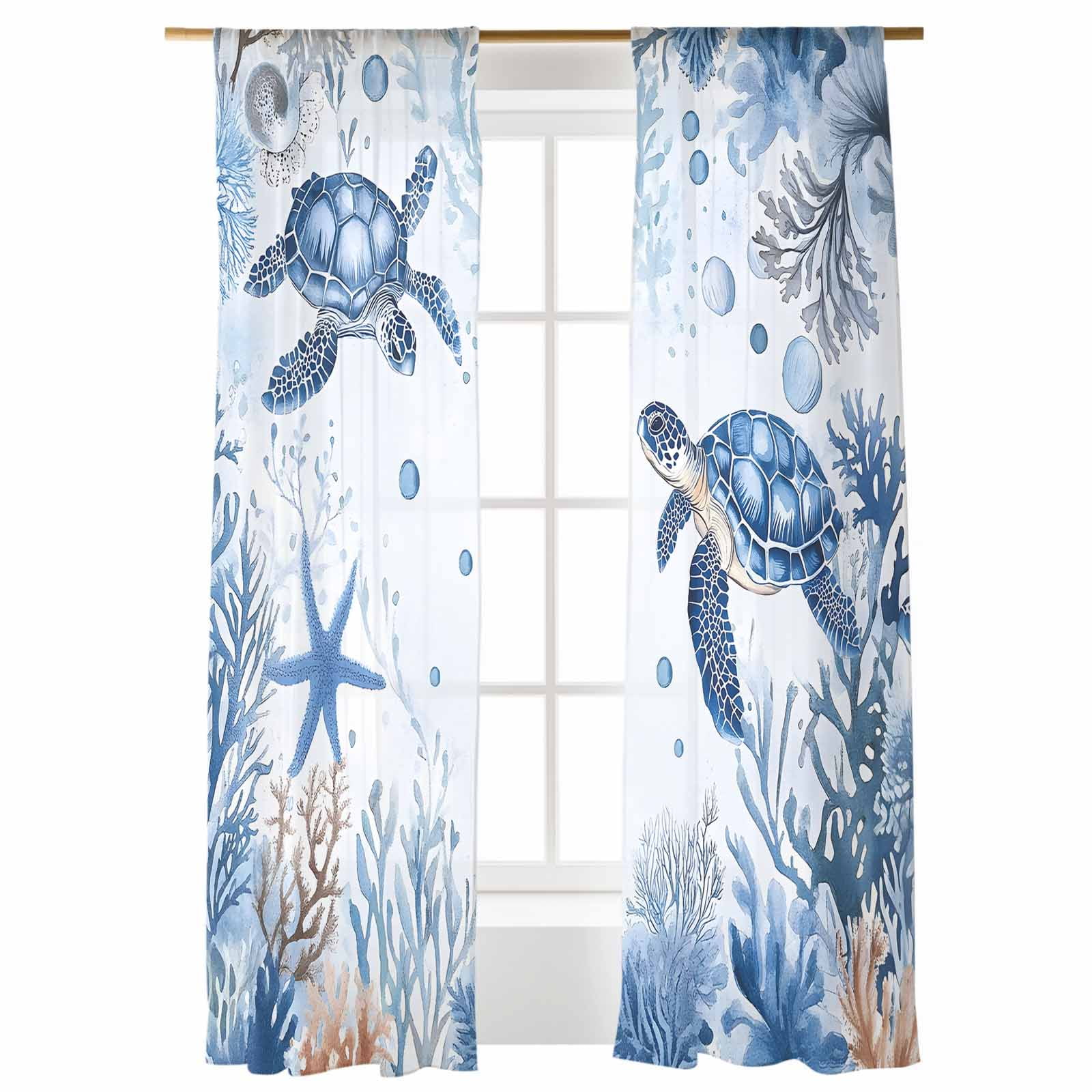 Sheer Curtains 2 Panels Set, Sea Turtle Blue Ocean Coral Starfish Shell ...