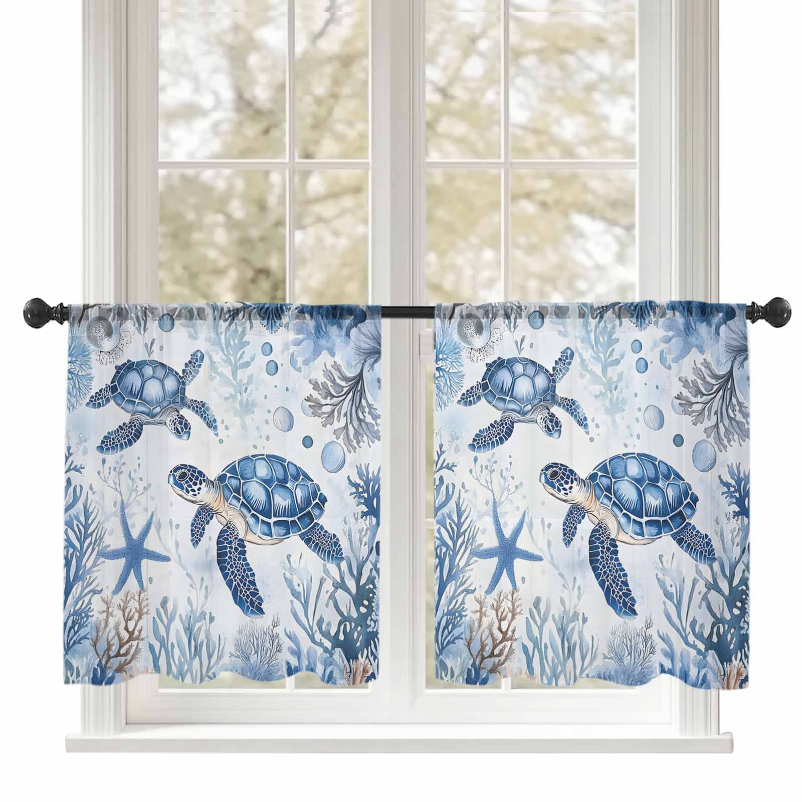 Sheer Curtains 2 Panels Set, Sea Turtle Blue Ocean Coral Starfish Shell ...