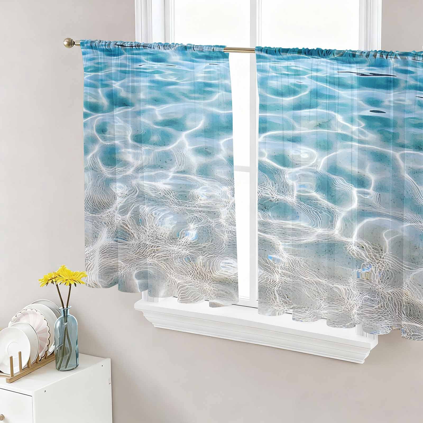 Sheer Curtains 45 Inch Length 2 Panels Set for Kitchen, Blue Ocean Semi ...