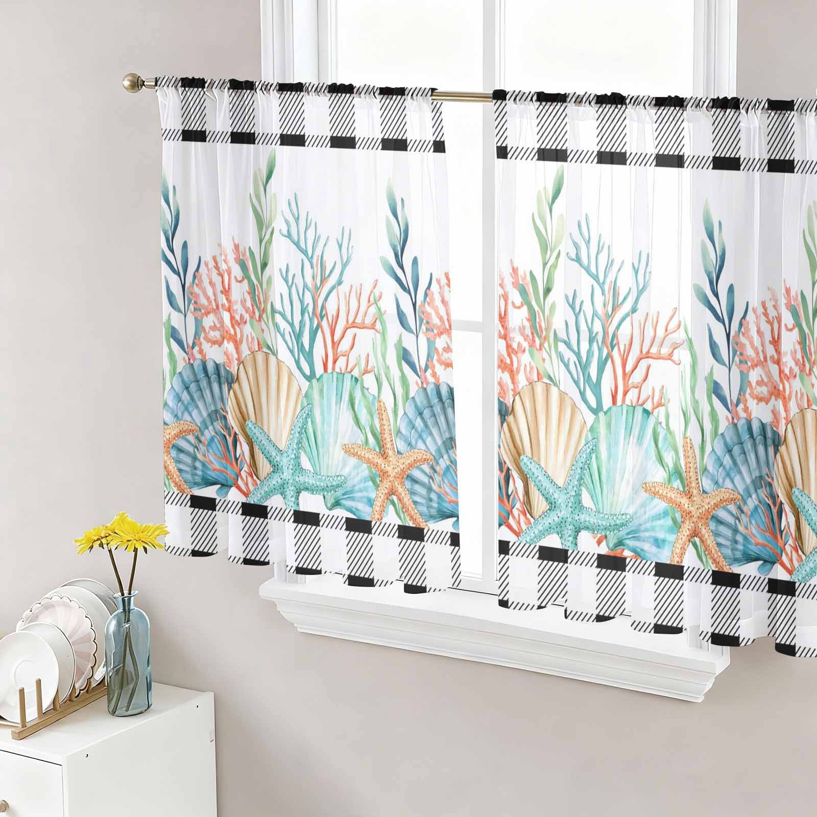 Sheer Curtains 45 Inch Length 2 Panels Set for Kitchen, Coastal Corals ...