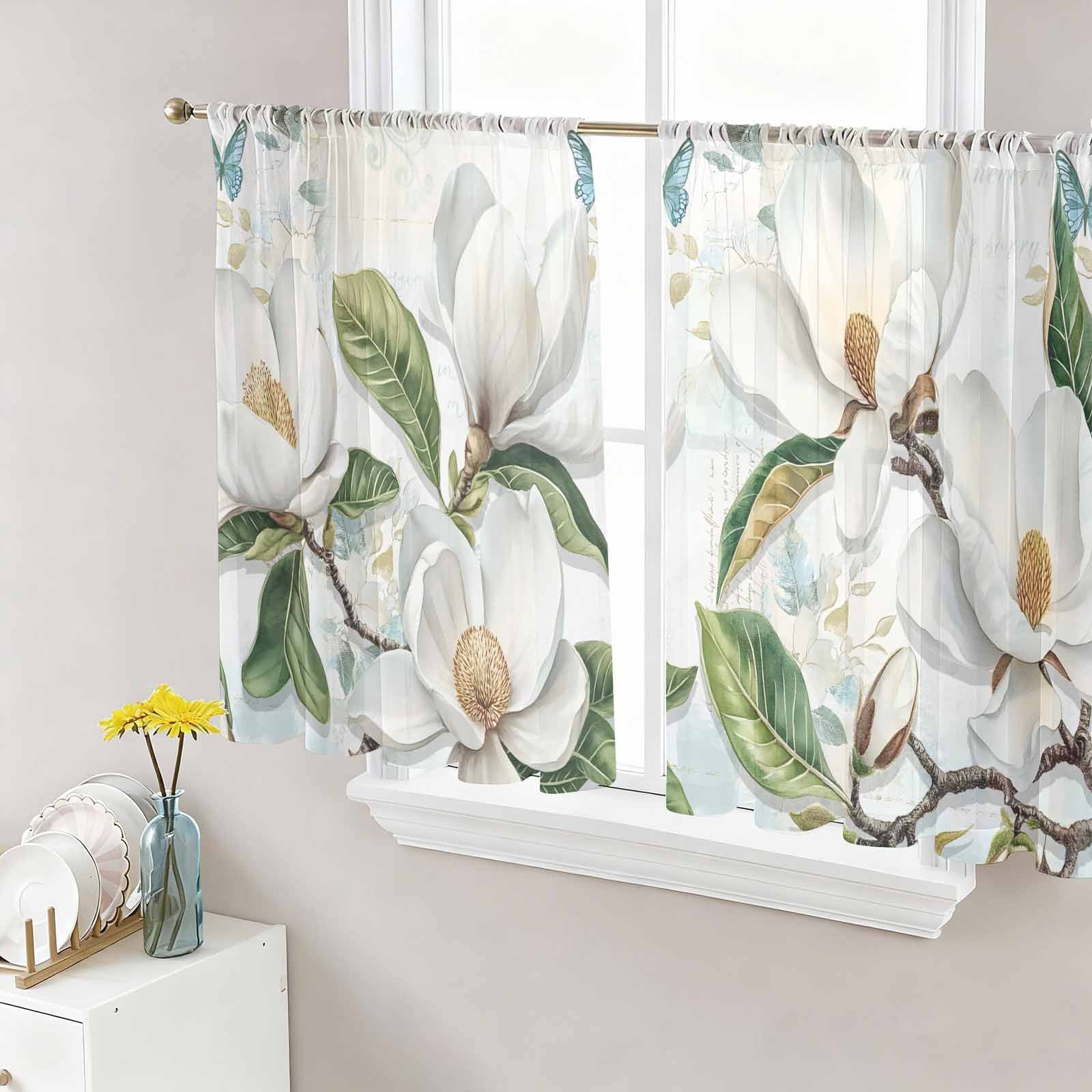 Sheer Curtains 45 Inch Length 2 Panels Set for Kitchen, Flowers Leaves ...