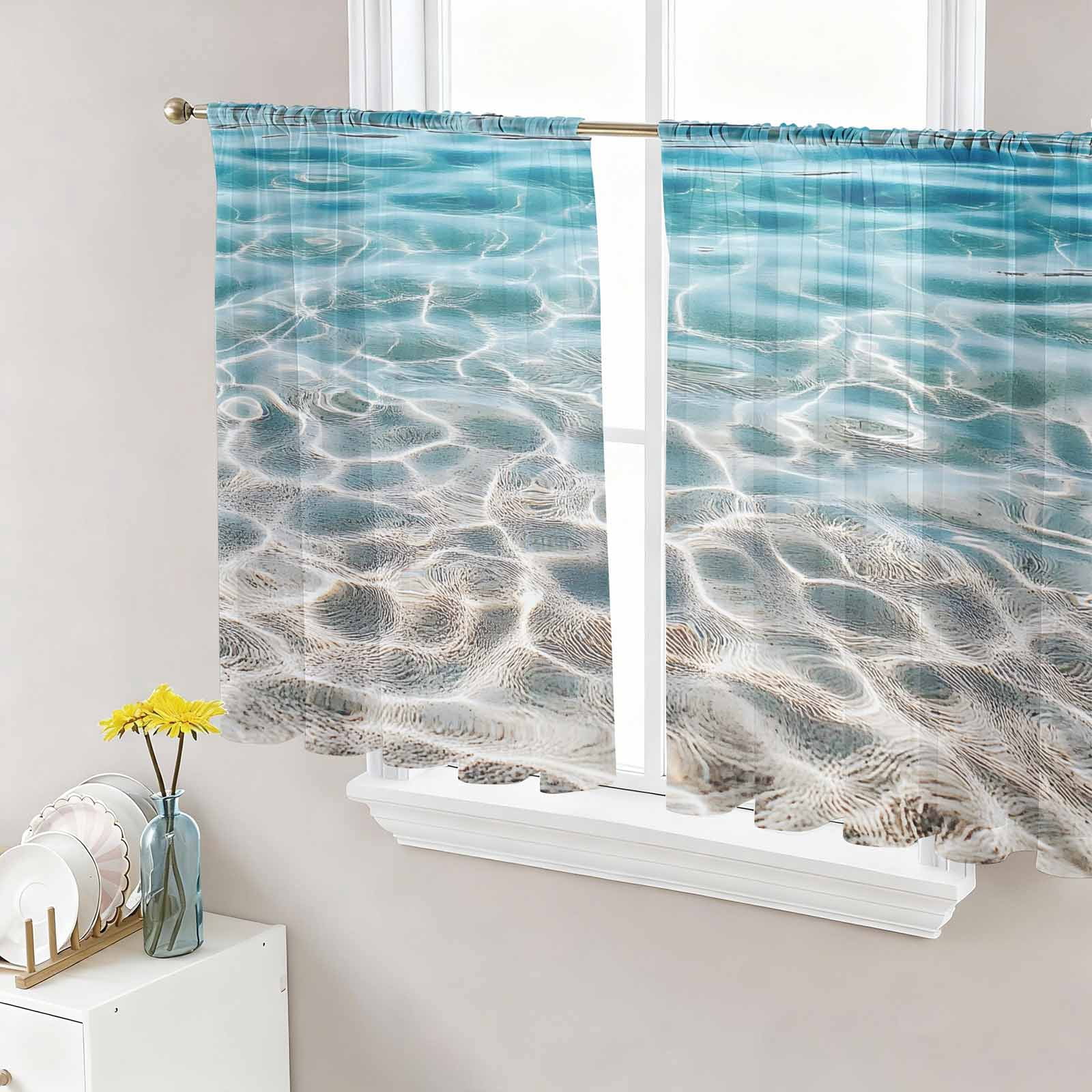 Sheer Curtains 45 Inch Length 2 Panels Set for Kitchen, Ocean Water ...