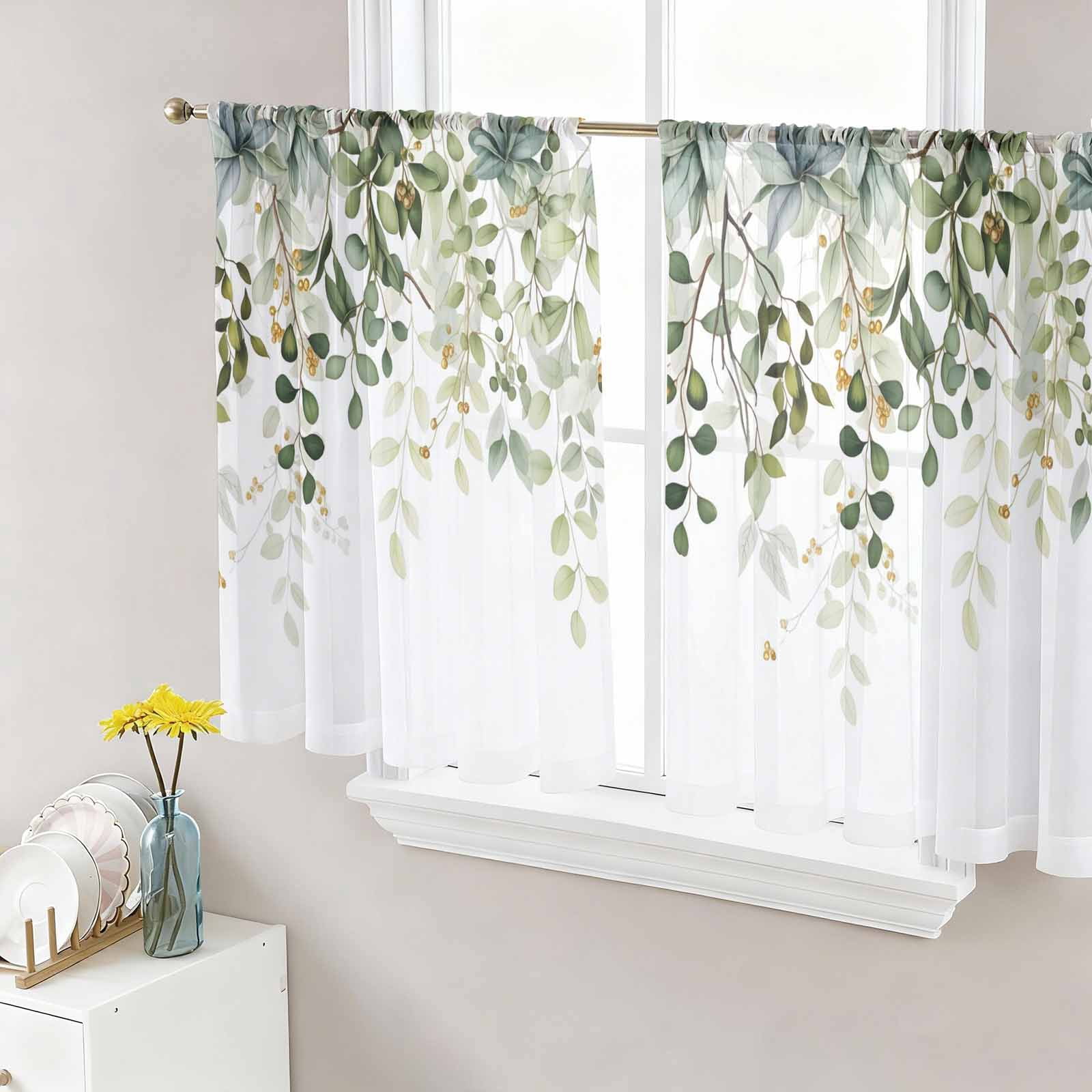 Sheer Curtains 45 Inch Length 2 Panels Set for Kitchen, Sage Green ...
