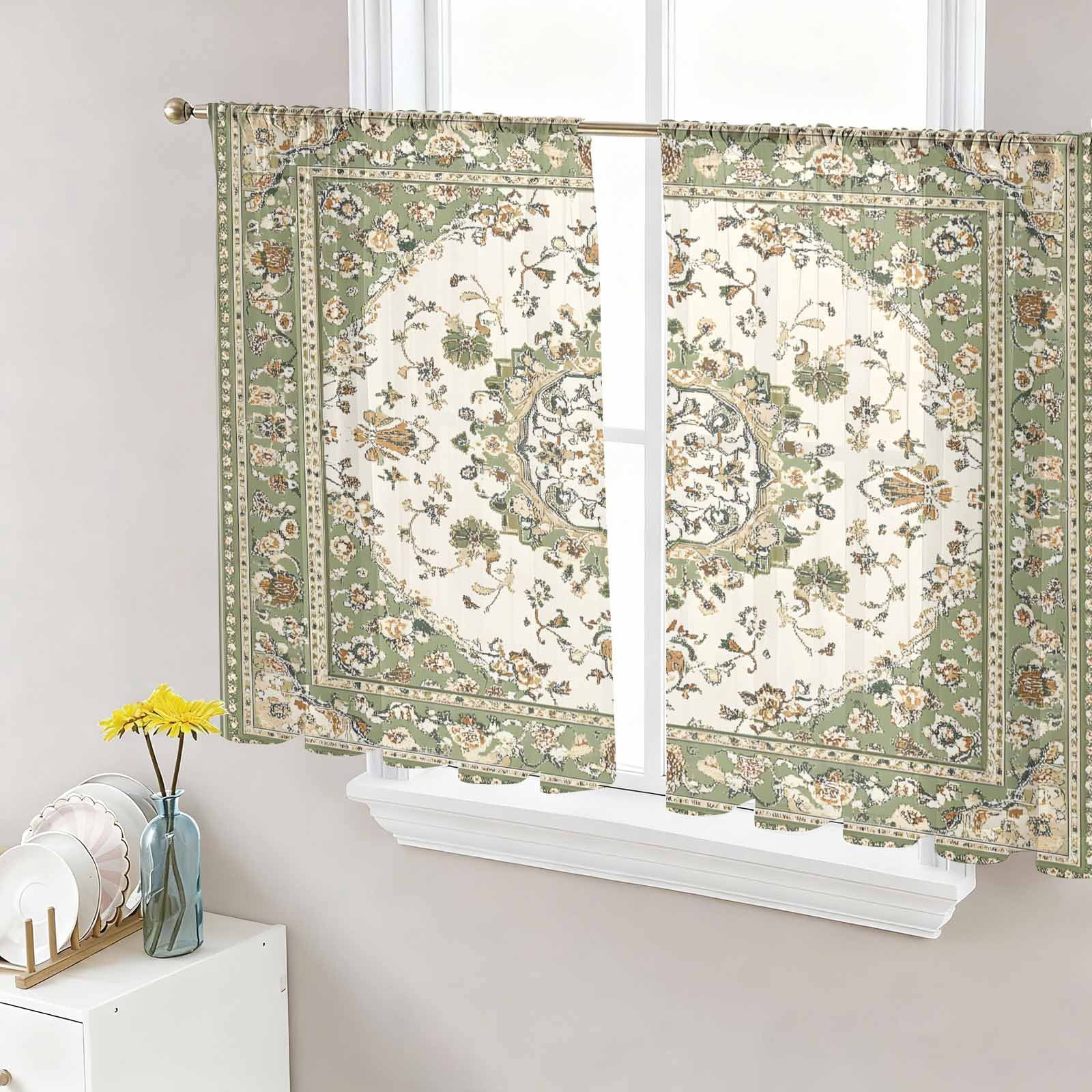 Sheer Curtains 45 Inch Length 2 Panels Set for Kitchen, Sage Green Semi ...