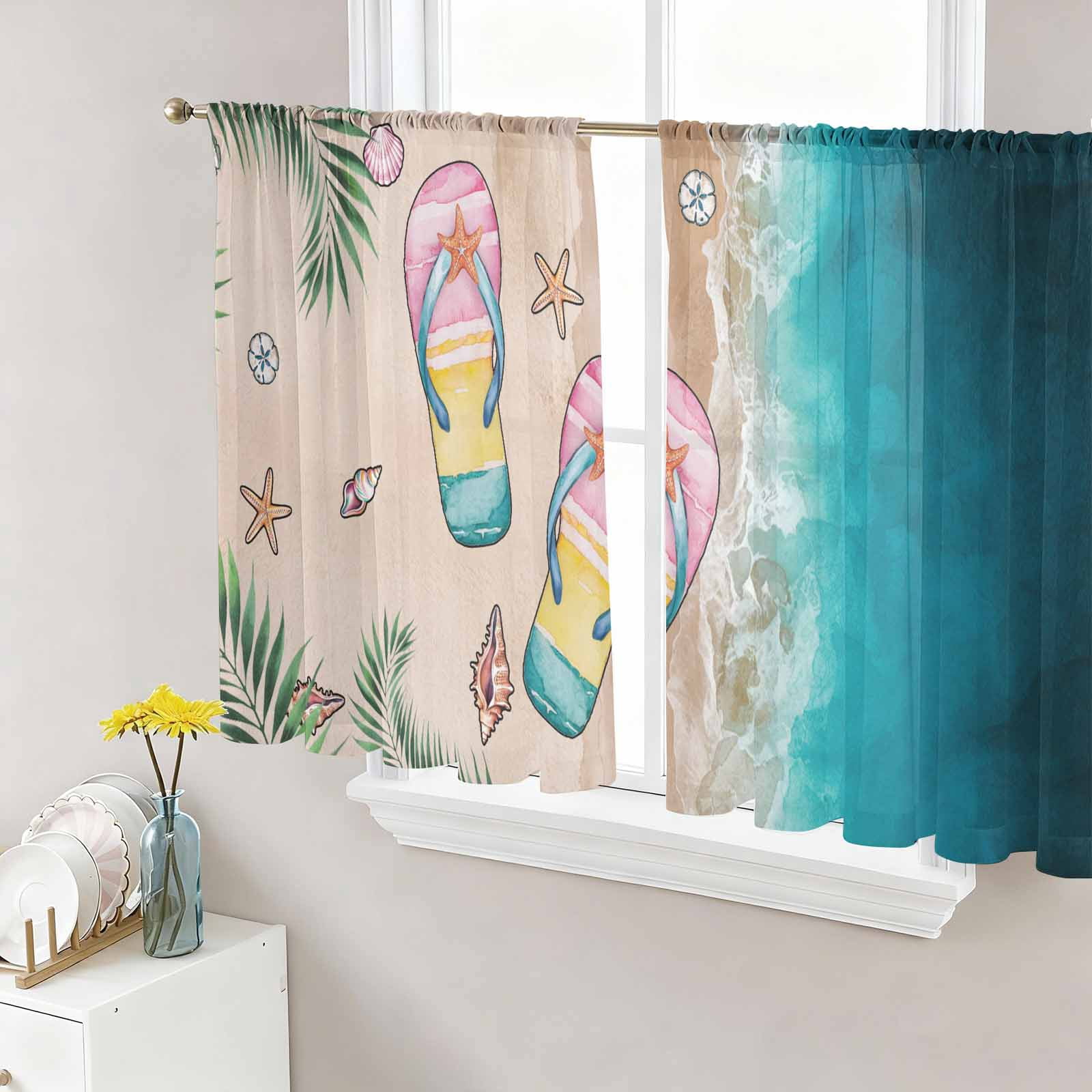 Sheer Curtains 45 Inch Length 2 Panels Set for Kitchen, Summer Beach ...