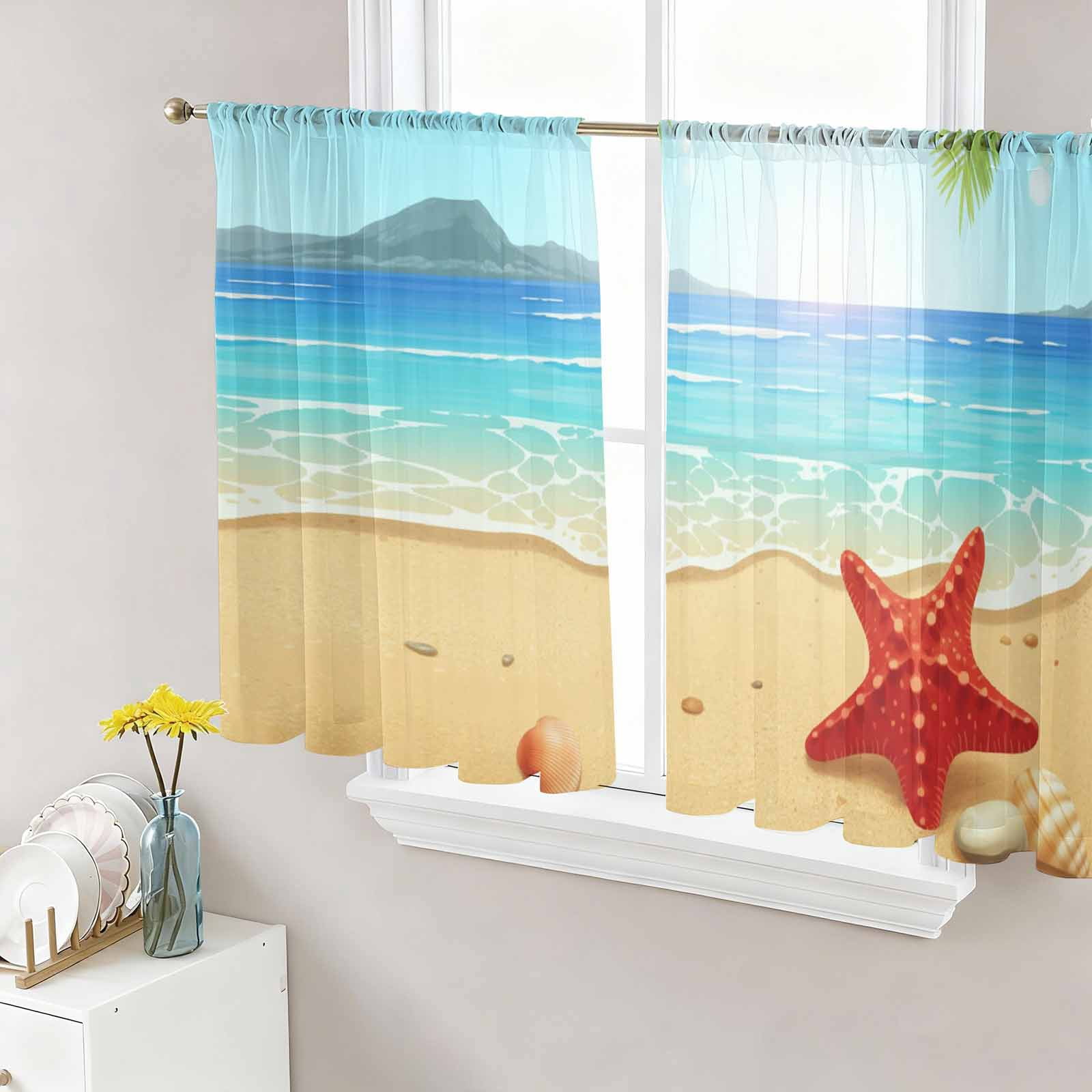 Sheer Curtains 45 Inch Length 2 Panels Set for Kitchen, Summer Beach ...