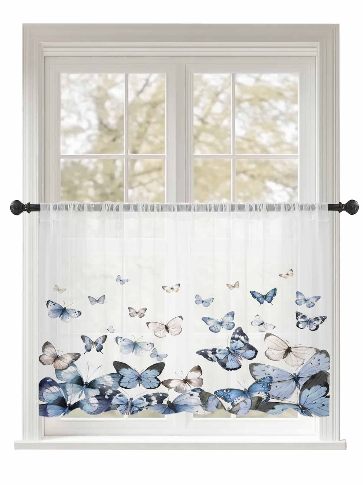 Sheer Curtains 45 Inch Length, Blue Butterflies Semi Sheer Curtains ...