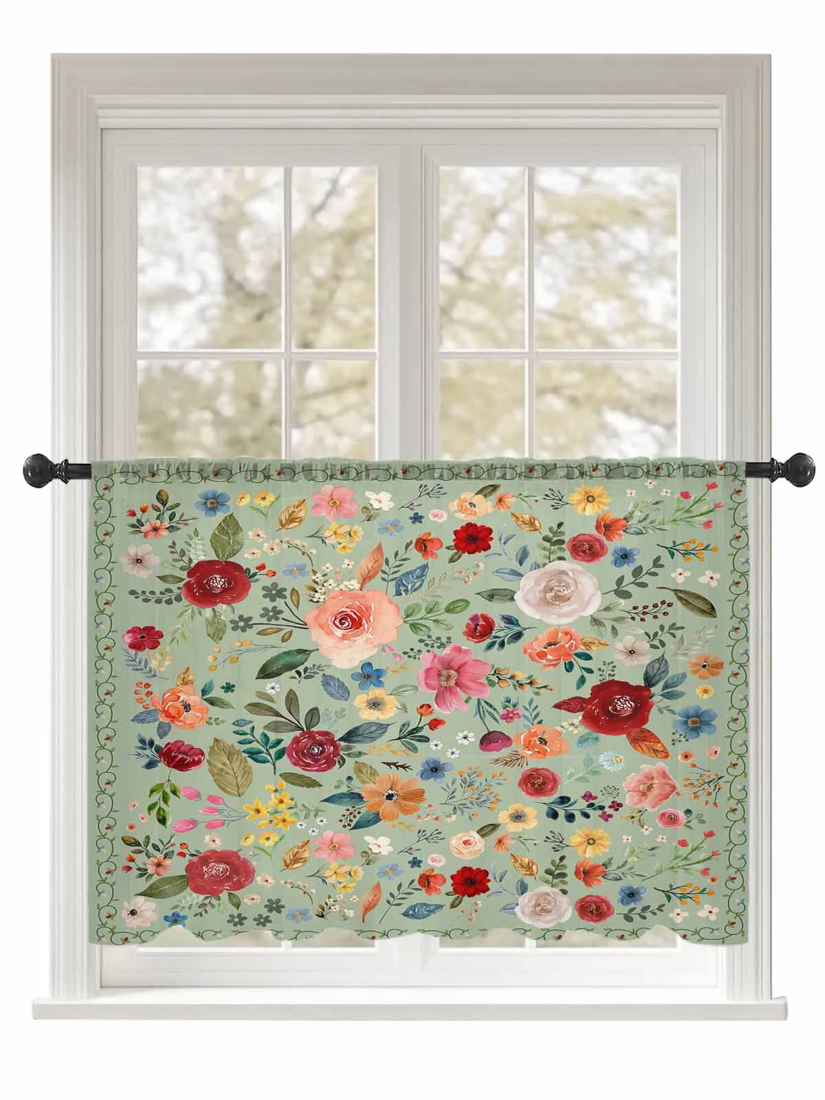 Sheer Curtains 45 Inch Length, Sage Green Floral Semi Sheer Curtains ...
