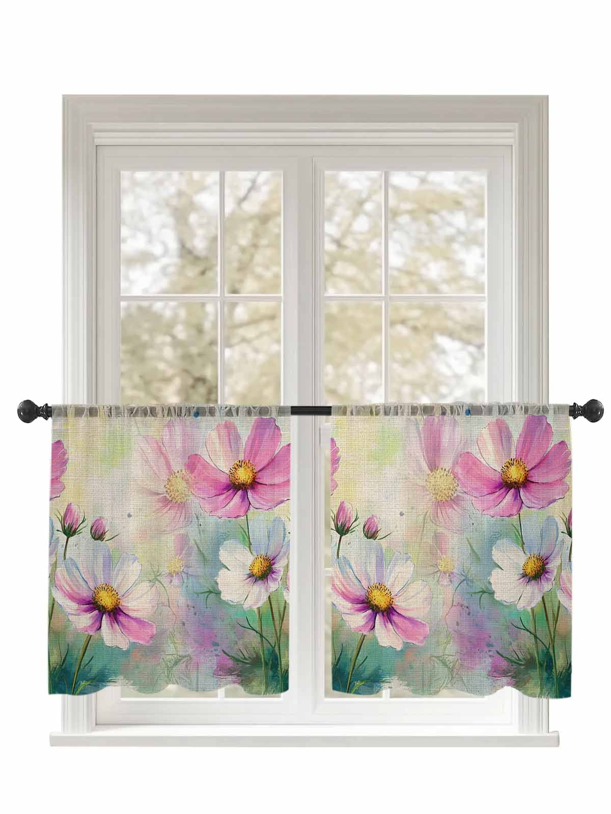 Sheer Curtains 45 Inch Long 2 Panels, Cosmos Spring Pink Flower ...