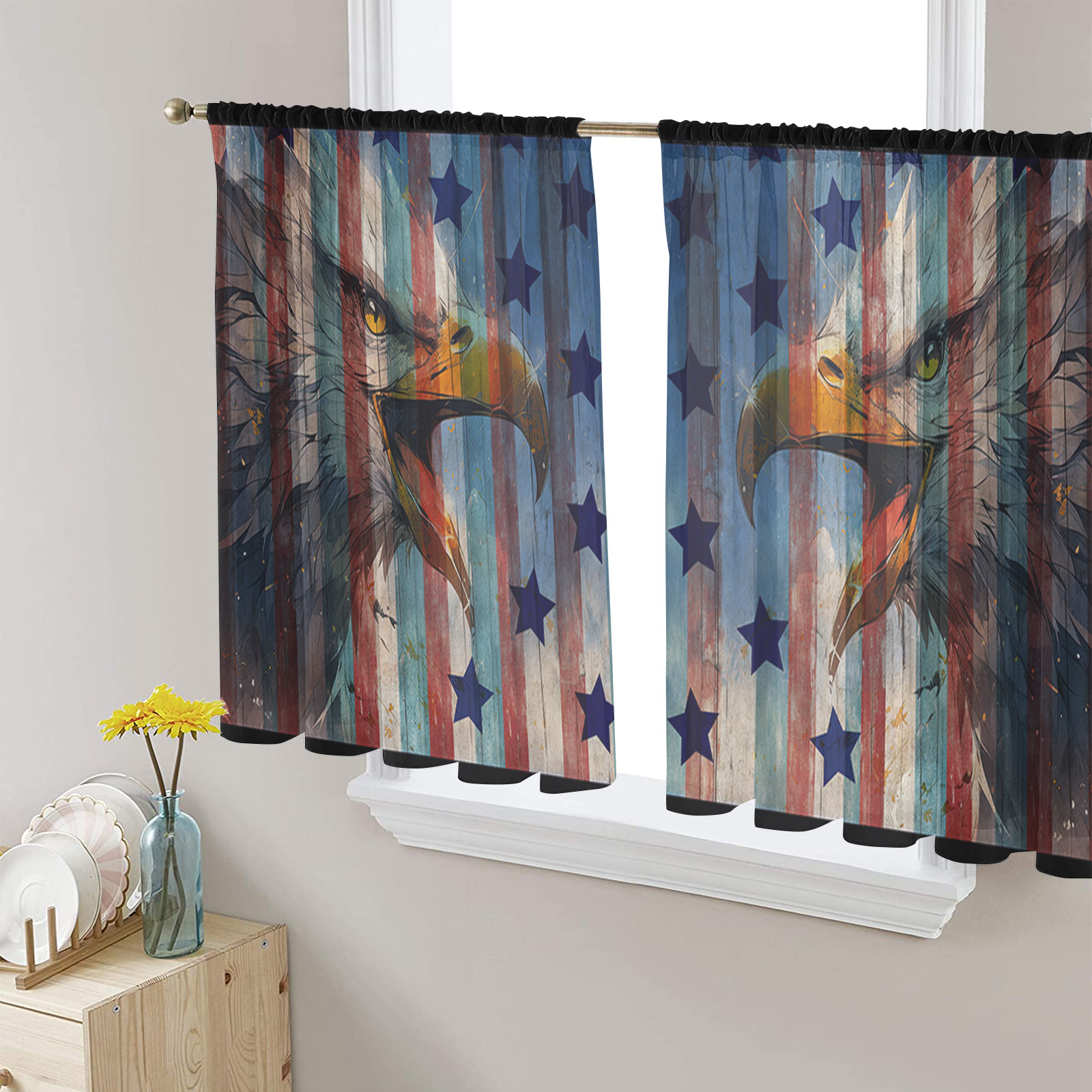 Sheer Curtains 45 Inches Long, American Flag Blue Star Red Blue Striped ...