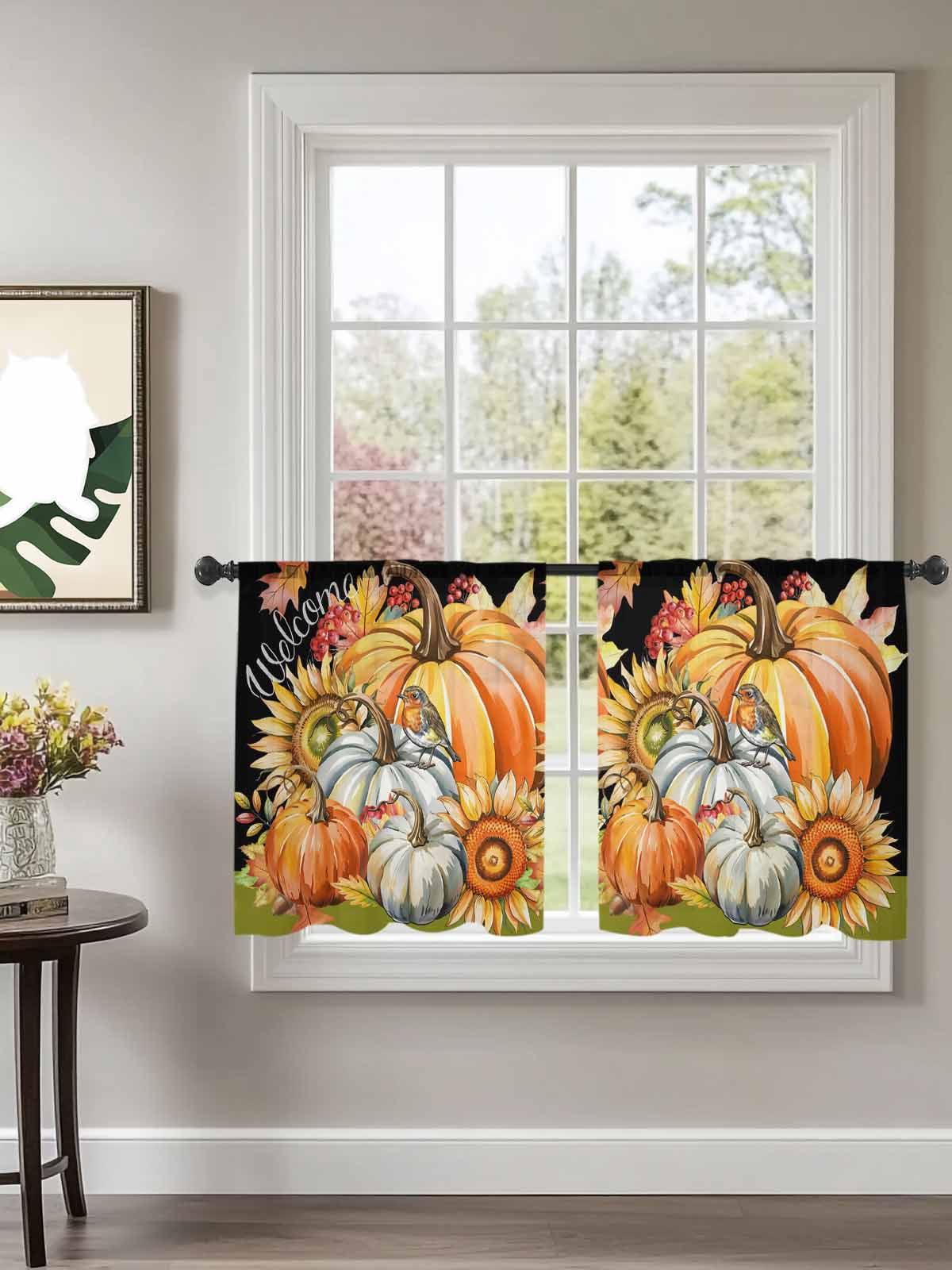 Sheer Curtains 45 inches Long 2 Panels Set Fall Pumpkin Harvest ...