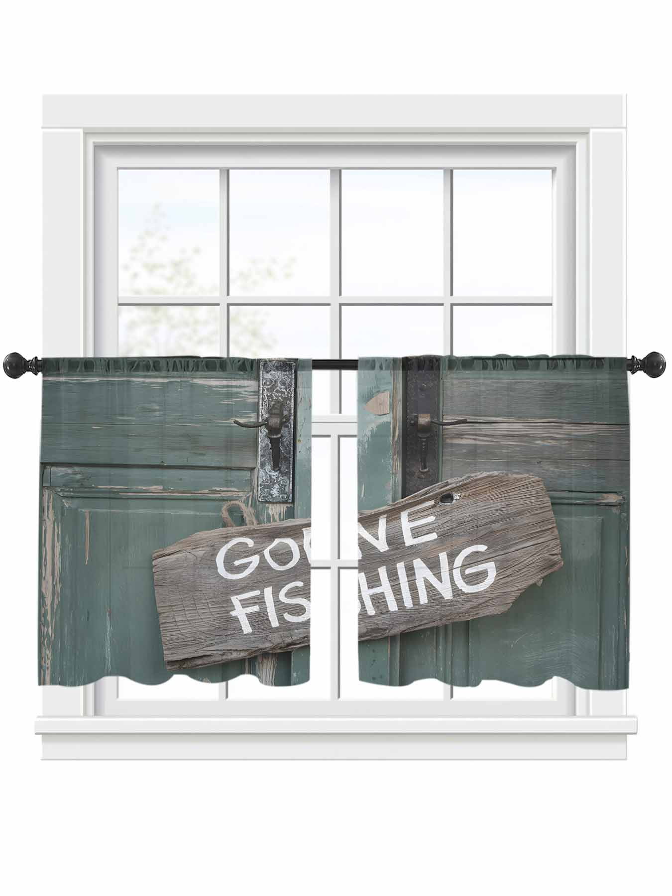 Sheer Curtains 45 inches Long 2 Panels Set GONE FISHING Bronze Wood ...