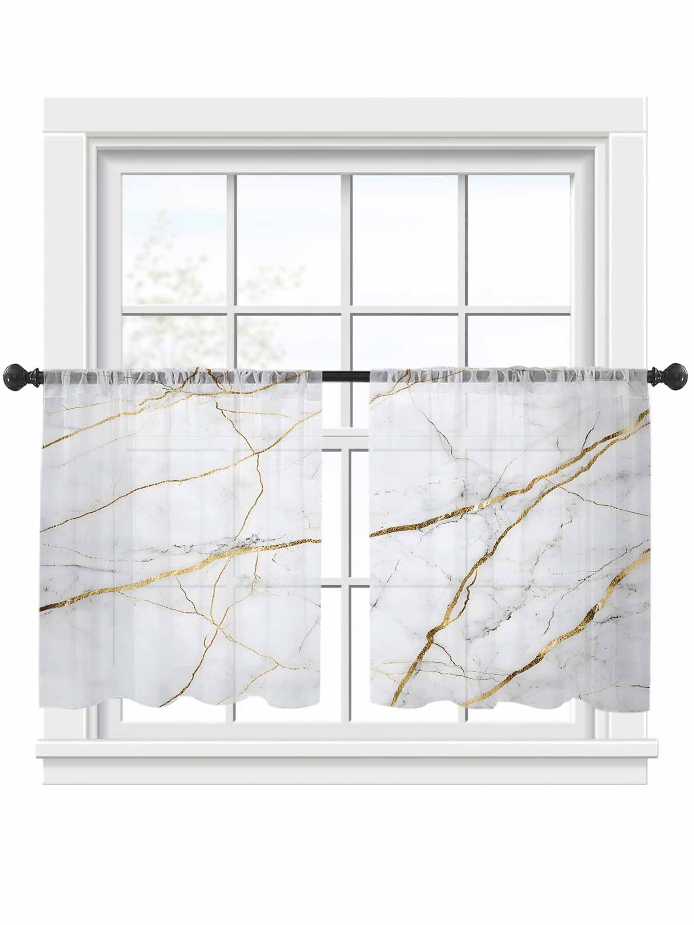 Sheer Curtains 45 inches Long 2 Panels Set Gray Marble Gold Lines ...