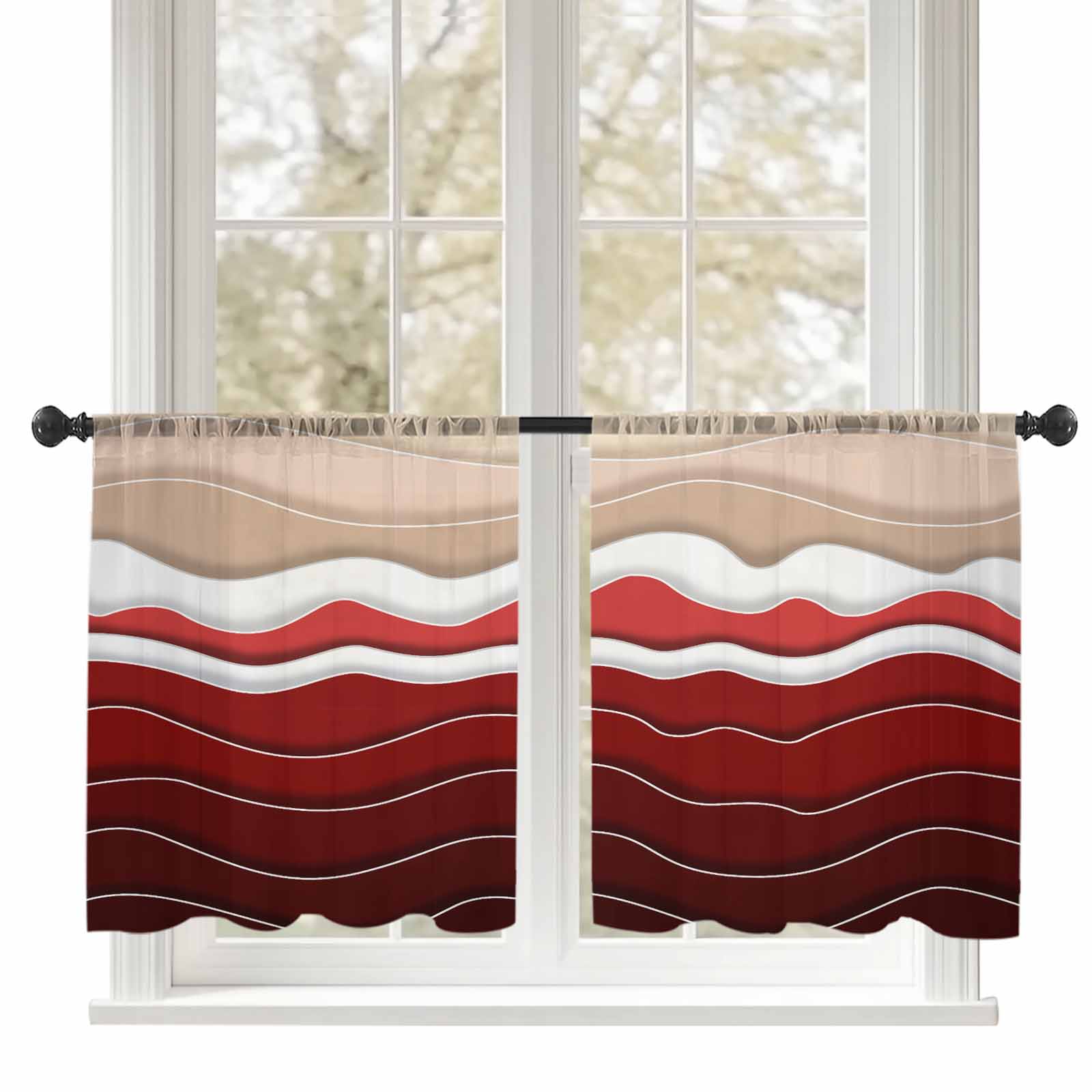Sheer Curtains 45 inches Long, Abstract Red Brown Gradient Waves Beach ...