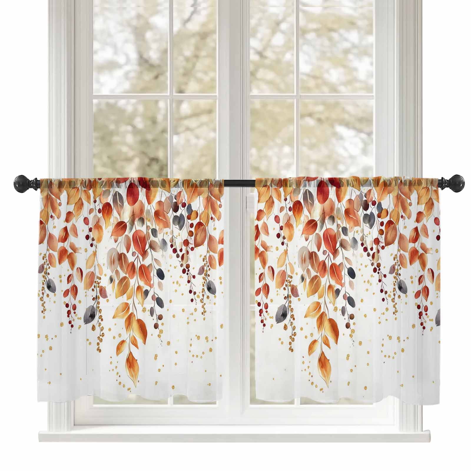 Sheer Curtains 45 inches Long, Autumn Leaves Eucalyptus Leaf Watercolor ...
