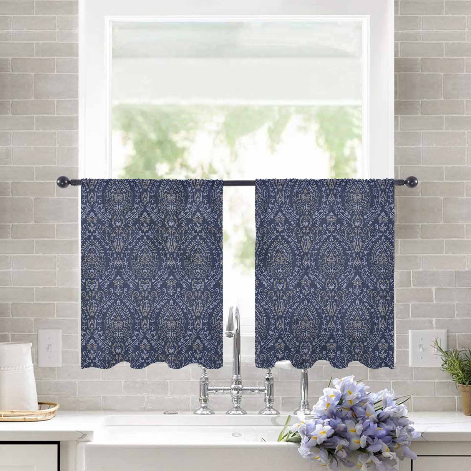 Sheer Curtains 45 inches Long, Baroque Style Blue Leaves Floral Blooms ...