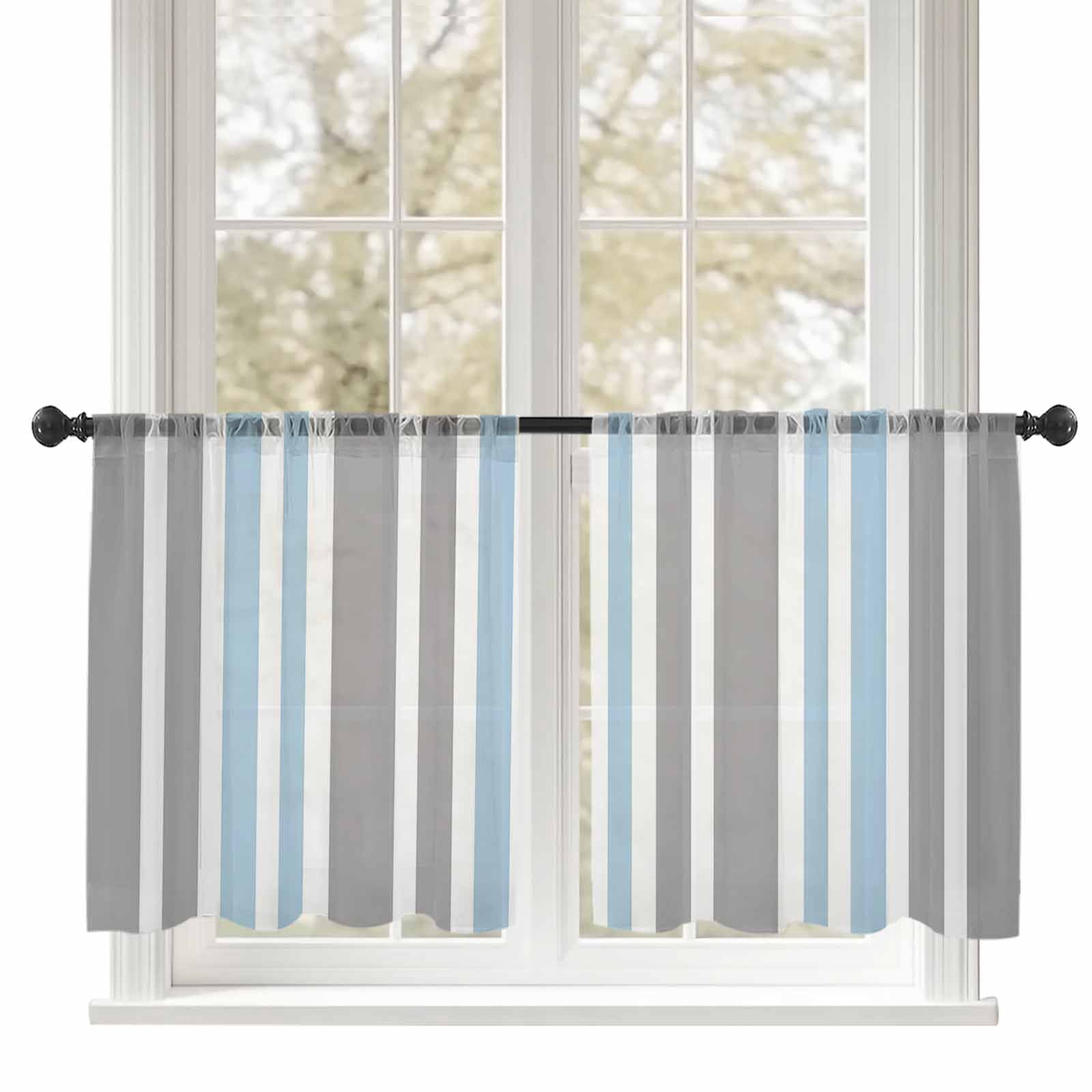 Sheer Curtains 45 inches Long, Blue Gray Stripe Minimalist Vertical ...