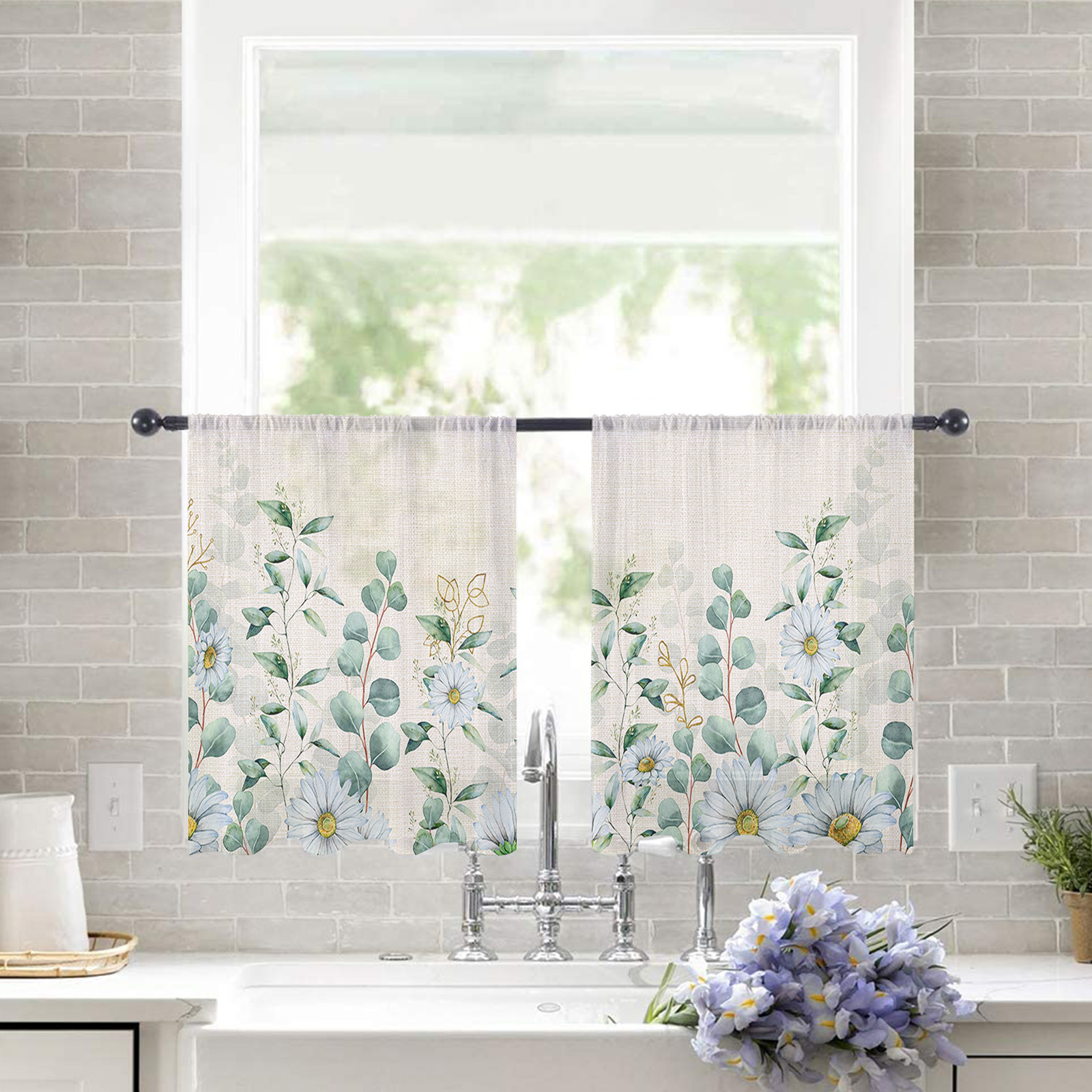 Sheer Curtains 45 inches Long, Country Style Farmhouse Black Sunflower ...