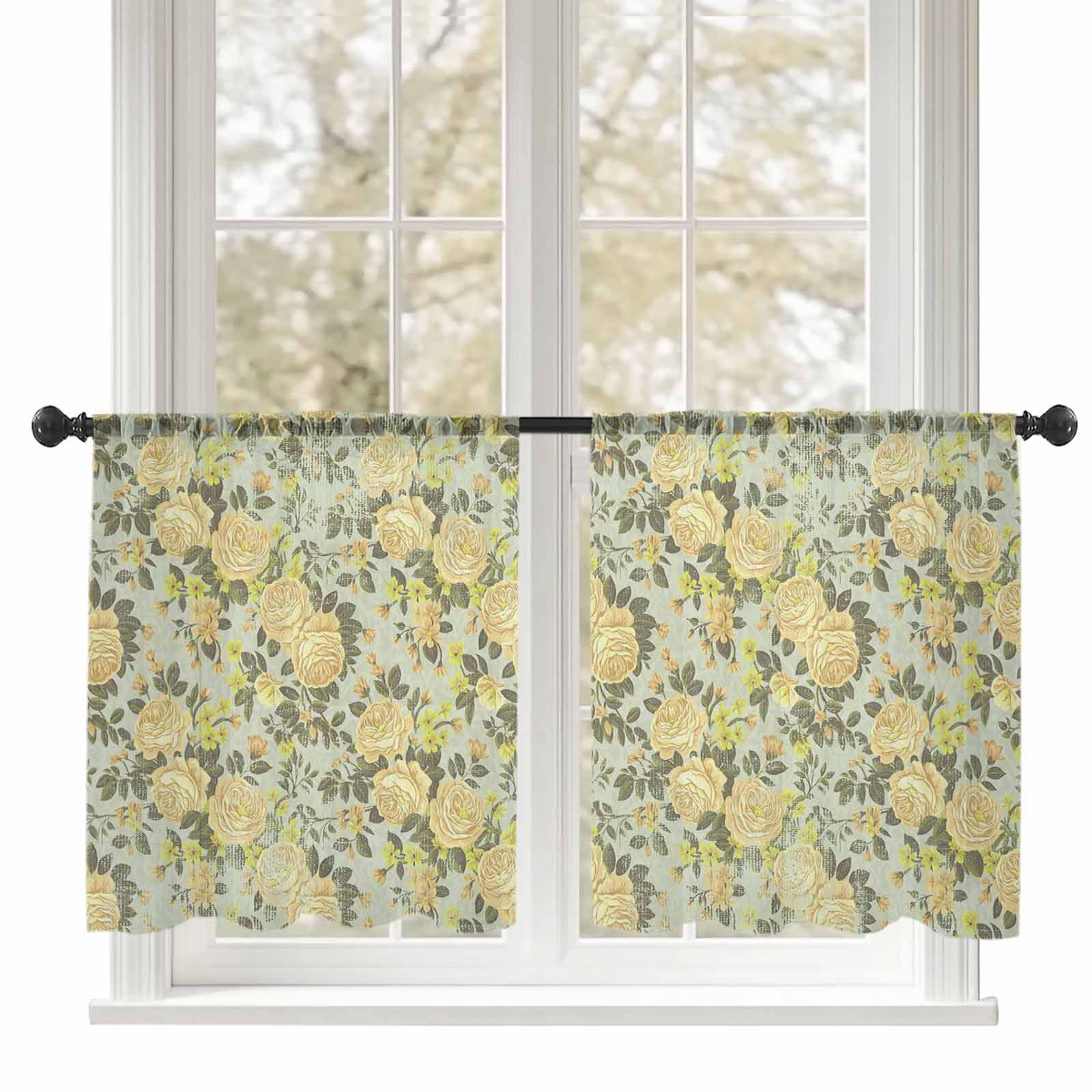 Sheer Curtains 45 inches Long, Flowers Mural Retro Yellow Camellia ...