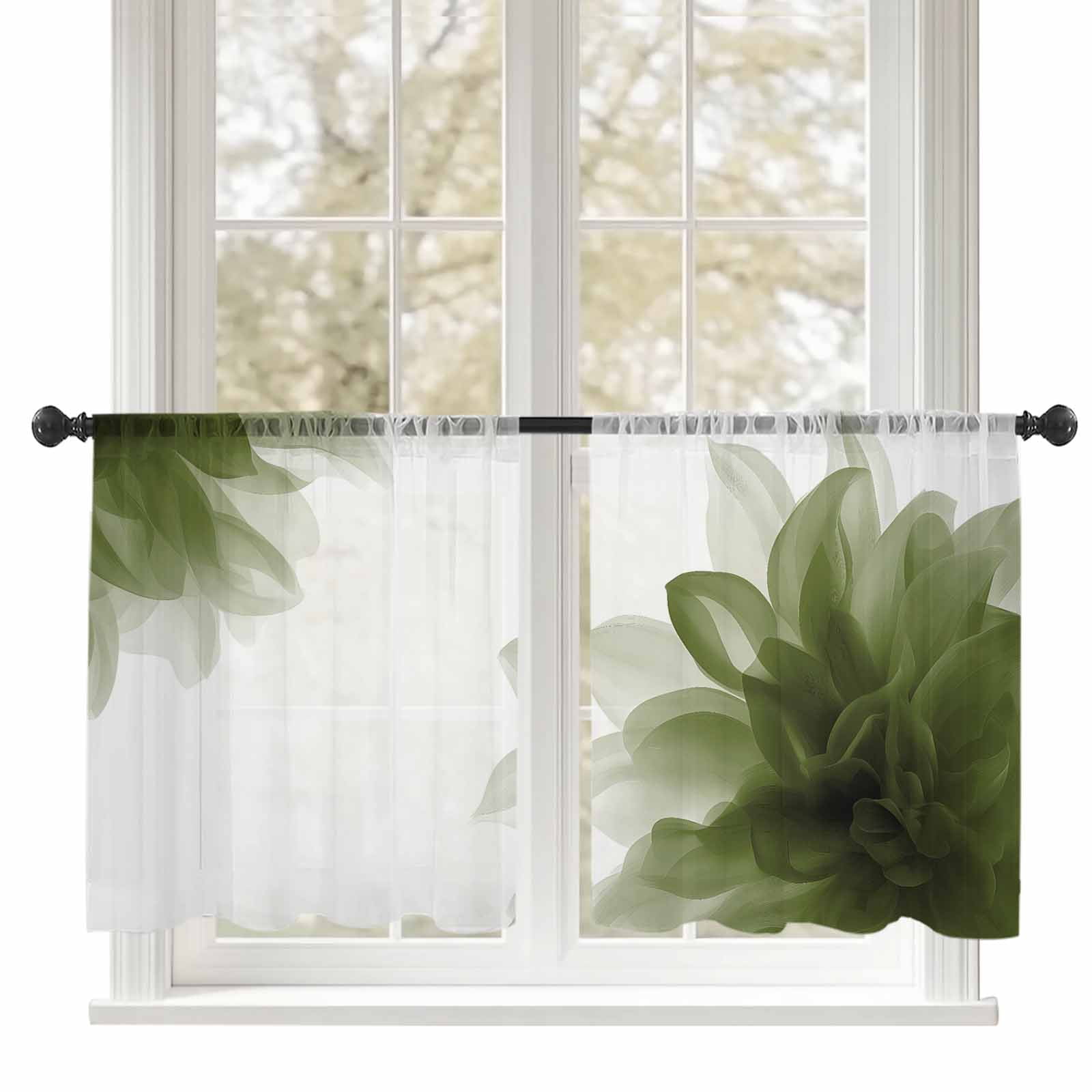 Sheer Curtains 45 inches Long, Gradient Floral Sage Green Flower ...