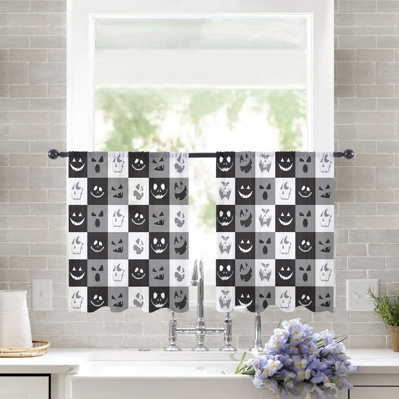 Sheer Curtains 45 inches Long, Halloween Grimace Black White Buffalo ...