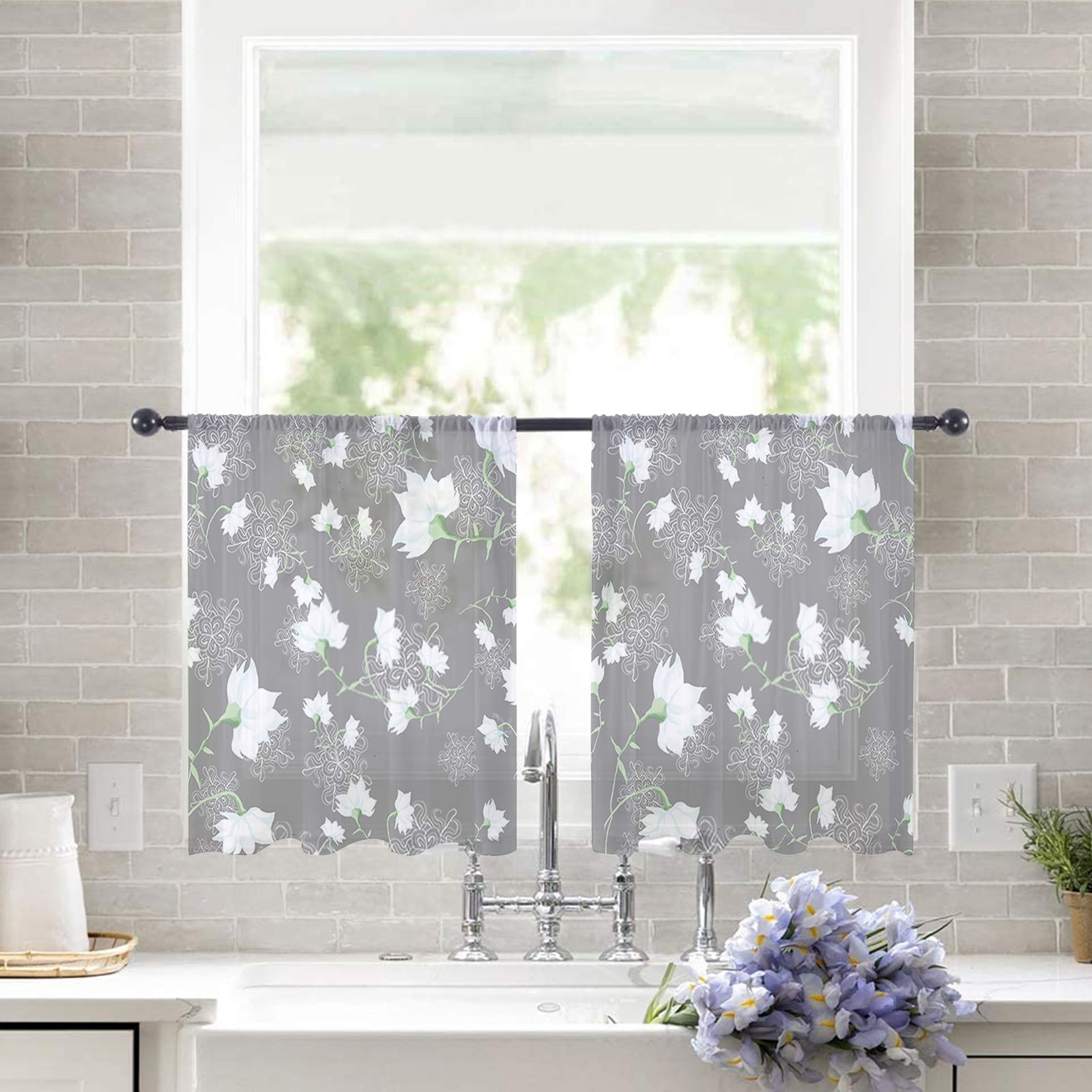 Sheer Curtains 45 inches Long, Hand Drawn Art White Flowers Leaves Gray ...