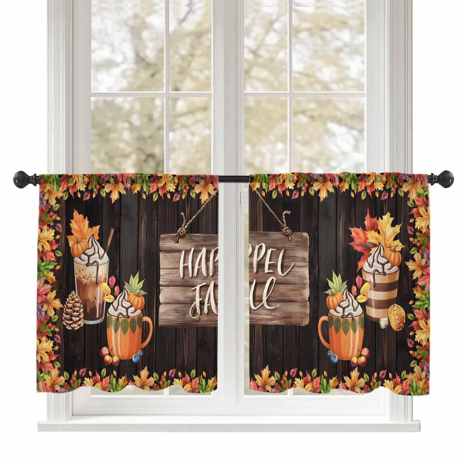 Sheer Curtains 45 inches Long, Happy Fall Coffee Maple Leaf Pine Cone ...