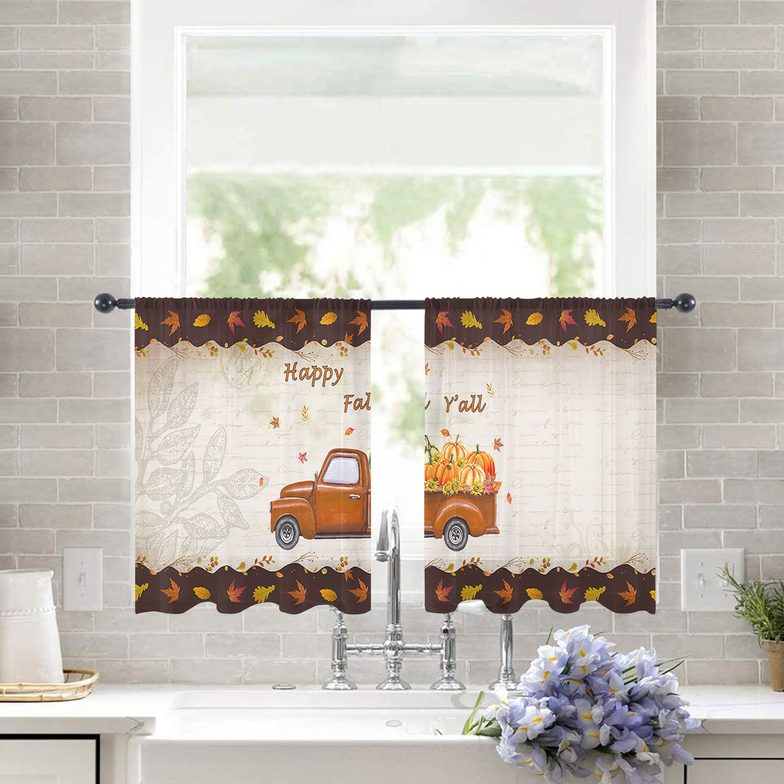 Sheer Curtains 45 inches Long, Happy Fall Y'all Pumpkin Truck on ...