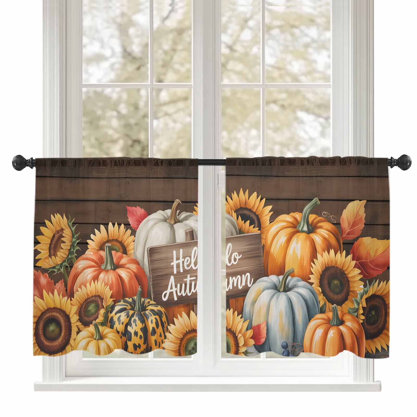 Sheer Curtains 45 inches Long, Hellow Fall Pumpkins Sunflowers Wood ...