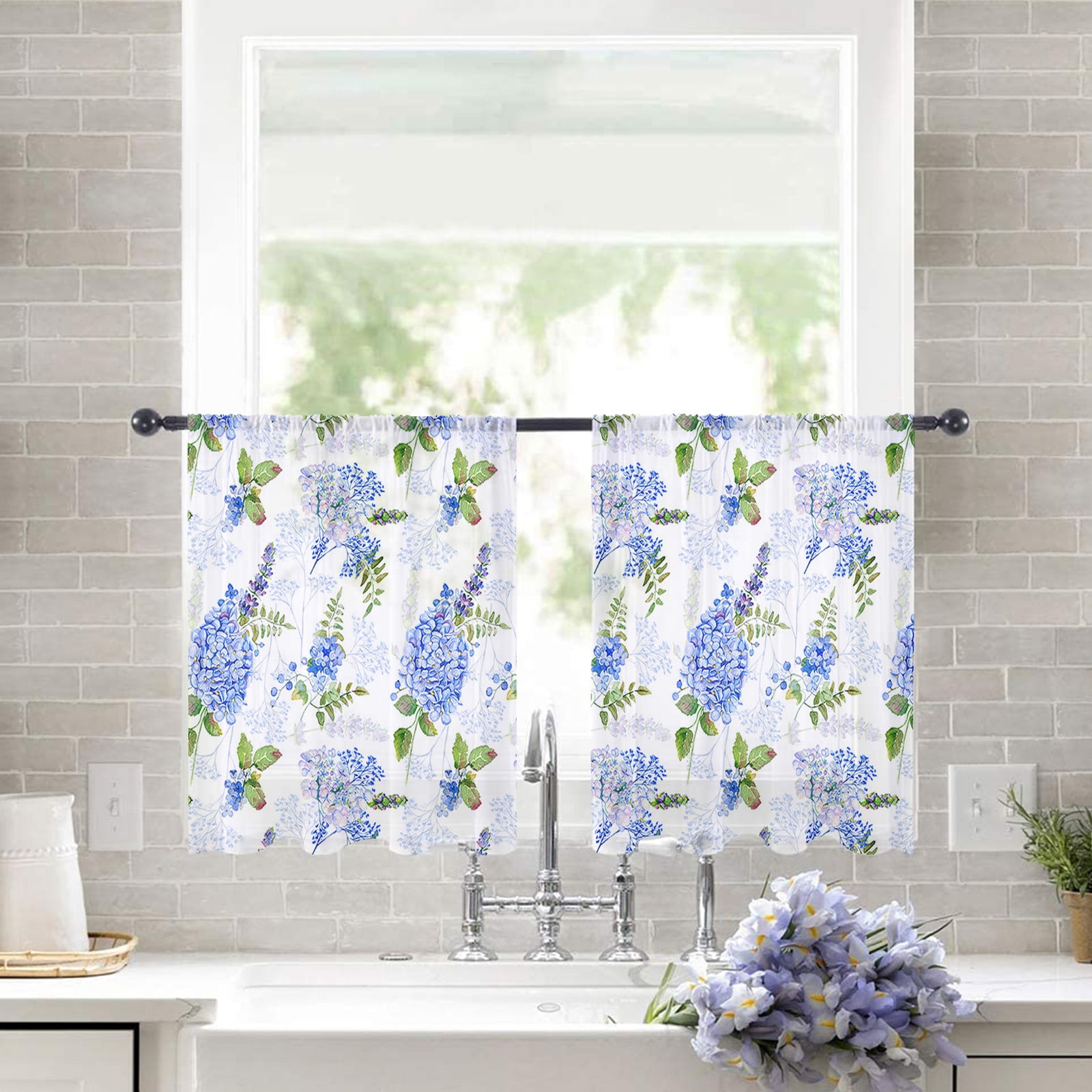 Sheer Curtains 45 inches Long, Hydrangea Watercolor Flower Famr Style ...